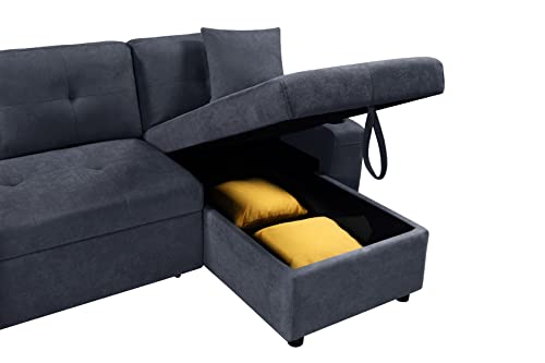 OPTOUGH Sleeper Sectional Sofa with Storage Chaise and Pull Out Bed,L-Shaped Couch with 2 Cupholders, Side Pockets & Pillows for Living Room Apartment, Gray, Dark Grey