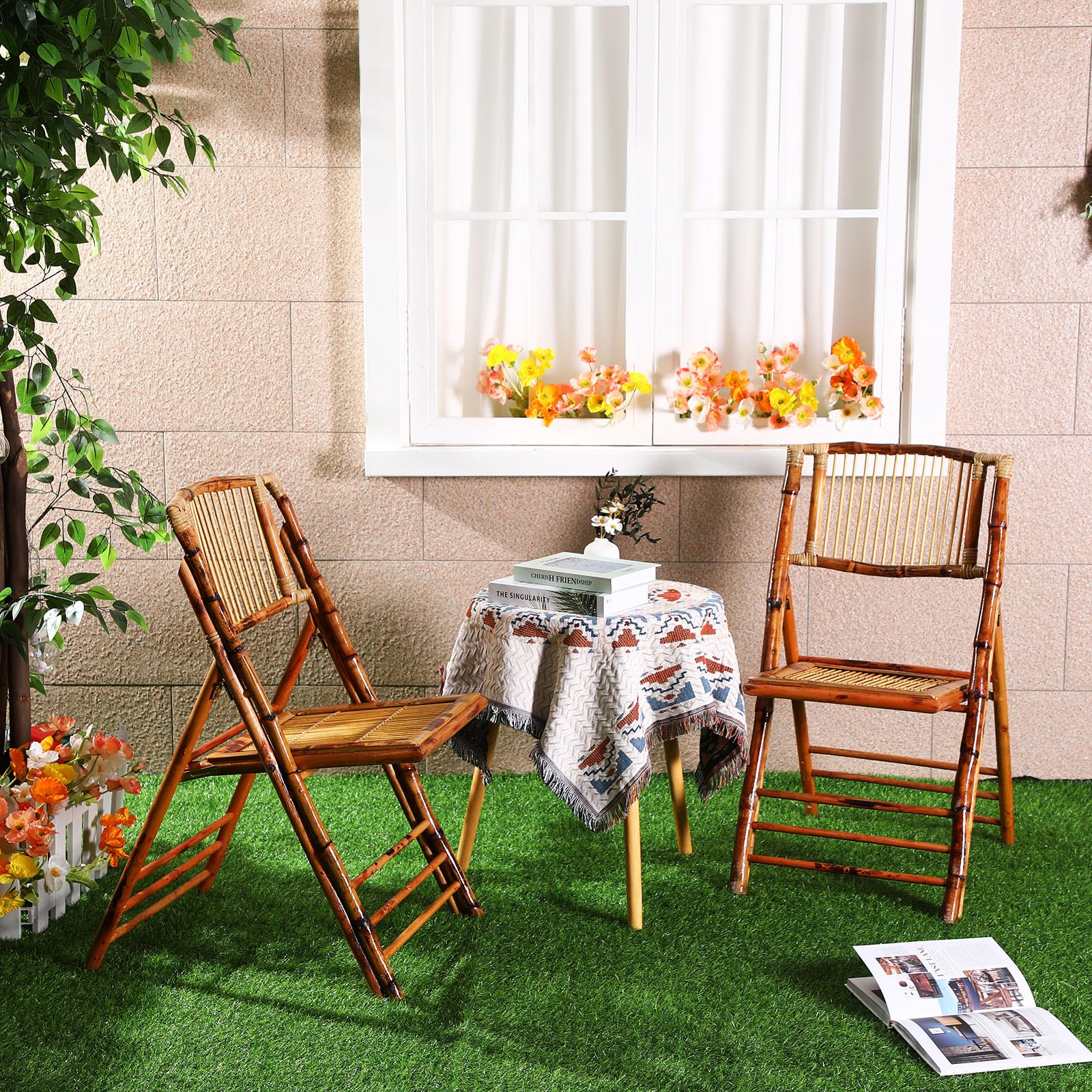 Tradder 4 Pack Bamboo Folding Chair Foldable Dining Chair Indoor Outdoor Wooden Seat Stackable Wood Rattan Commercial Chair Set for Patio, Wedding, Party, Dining, Event, Birthday, Kitchen, Garden