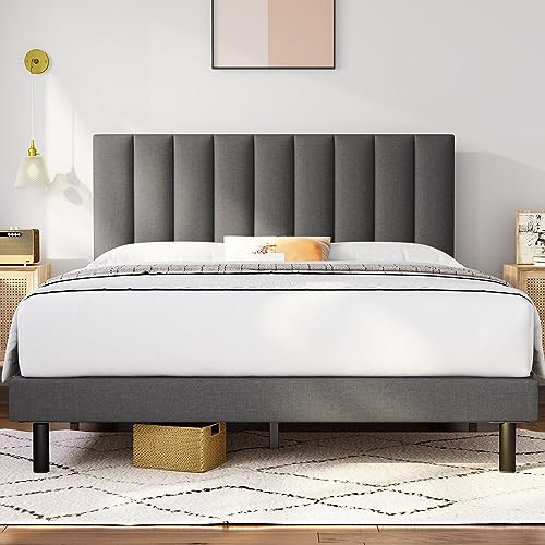 Molblly Dark Gray Full Bed Frame Platform with Headboard Slats
