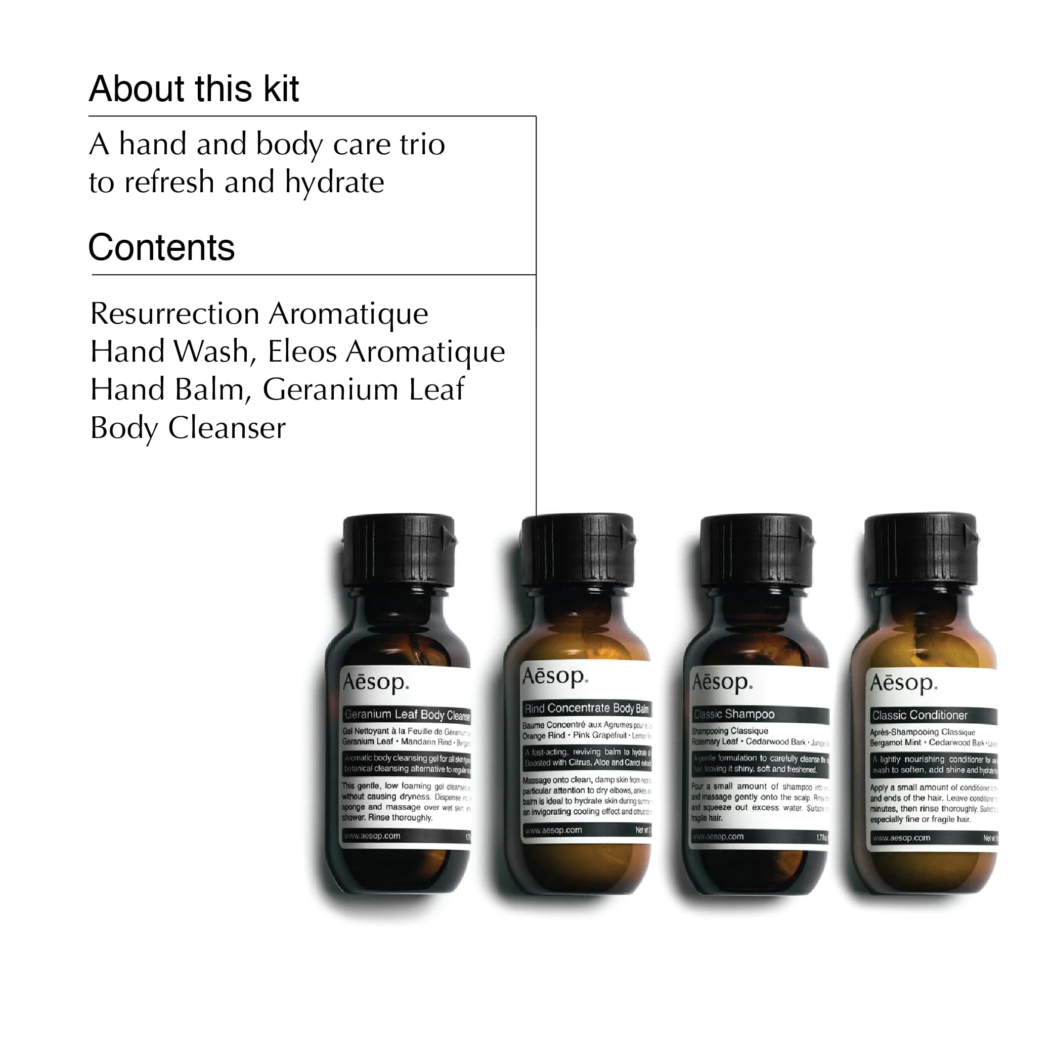 Aesop Travel Set | Travel Body Wash and Body Balm & Travel Size Shampoo and Conditioner | 1.7 oz, Pack of 4