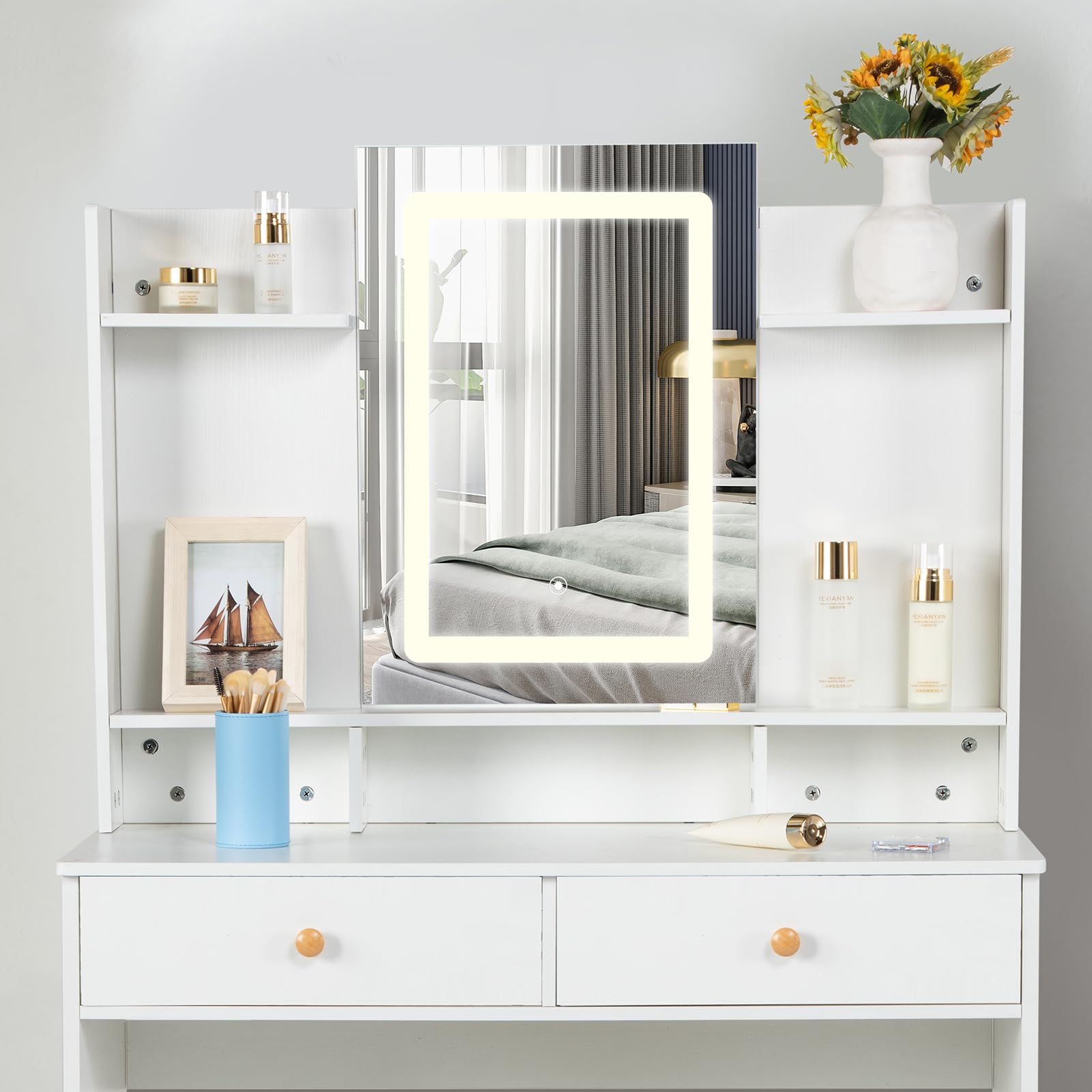 Jarbalai White Makeup Vanity with Mirror and Lights, Large Vanity Set with Cushioned Stool and Drawers, Modern Dressing Table Vanity Desk for Bedroom