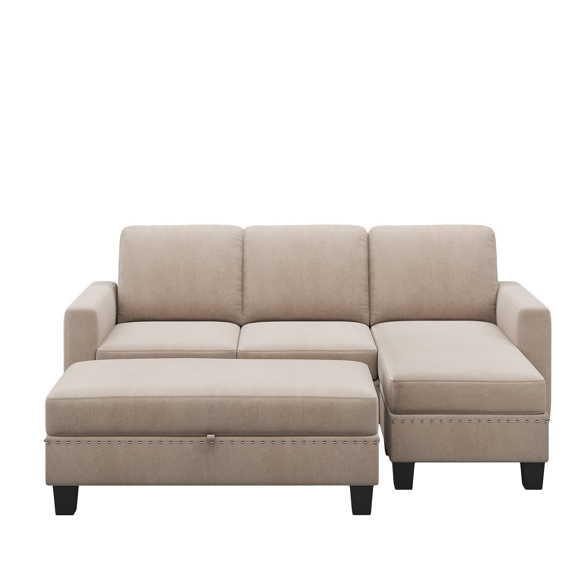 Lepfun 81" Reversible Couch with Storage Ottoman L-Shaped, Sectional Chaise,Nailheaded Textured Fabric 3 Pieces Sofa Set, Ideal for Living Room or Bedroom, Warm Grey
