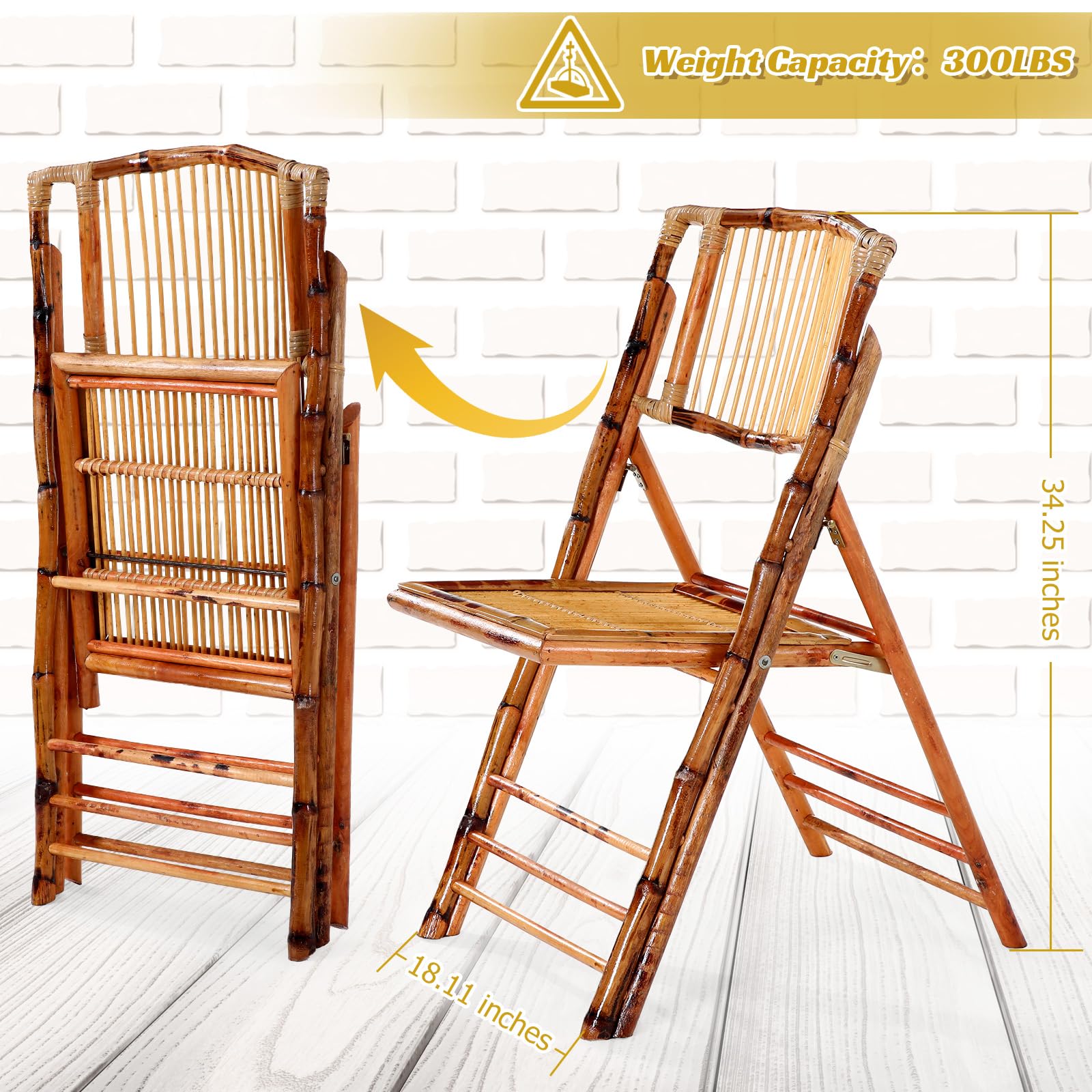 Tradder 4 Pack Bamboo Folding Chair Foldable Dining Chair Indoor Outdoor Wooden Seat Stackable Wood Rattan Commercial Chair Set for Patio, Wedding, Party, Dining, Event, Birthday, Kitchen, Garden