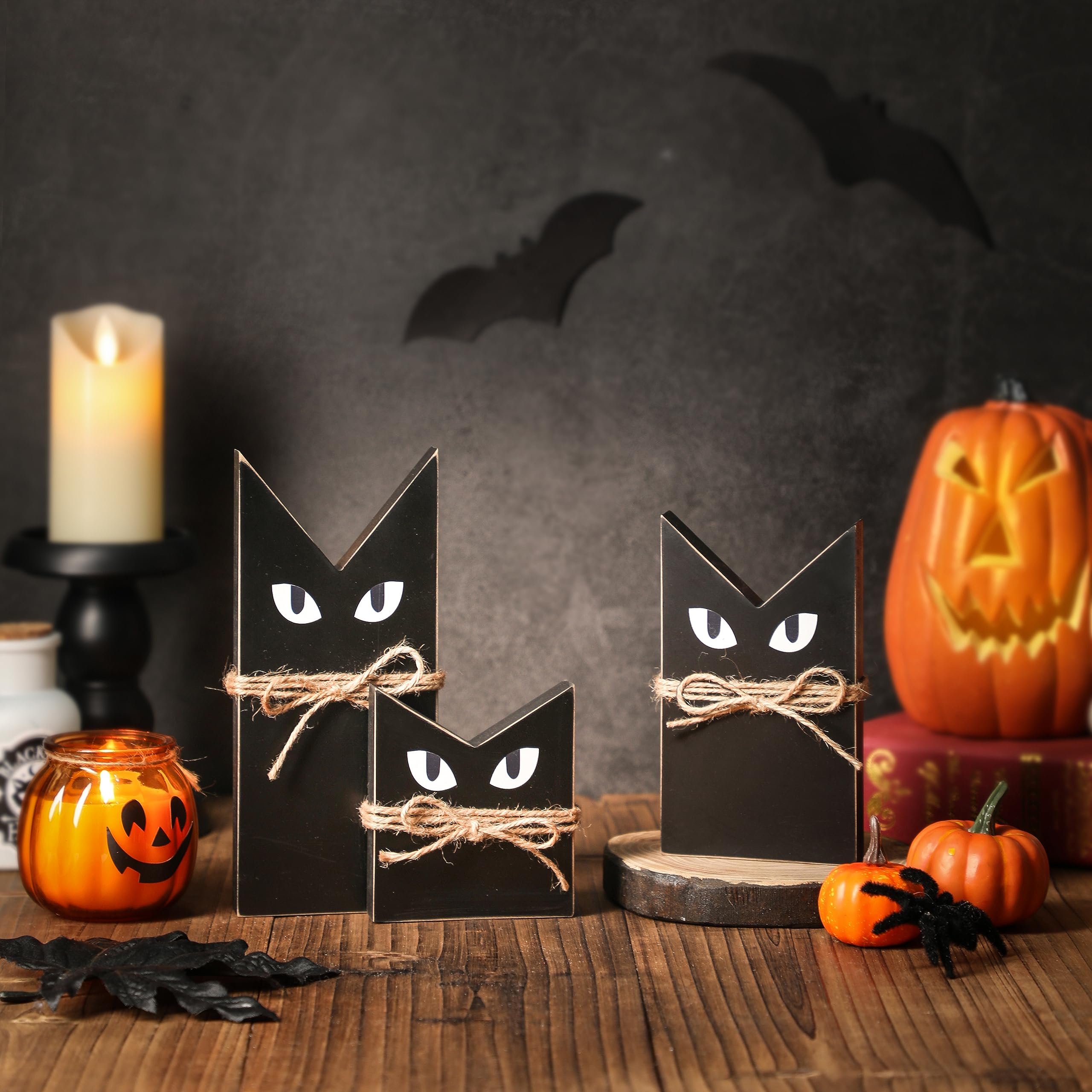 3 PCS Wooden Black Cats Decor, Spooky Cat Theme, Halloween Tiered Tray Decor, Farmhouse Halloween Tiered Tray and Mantle Decoration, Fall Accent, Wood Sign Rustic Style, Halloween Decoration Indoor