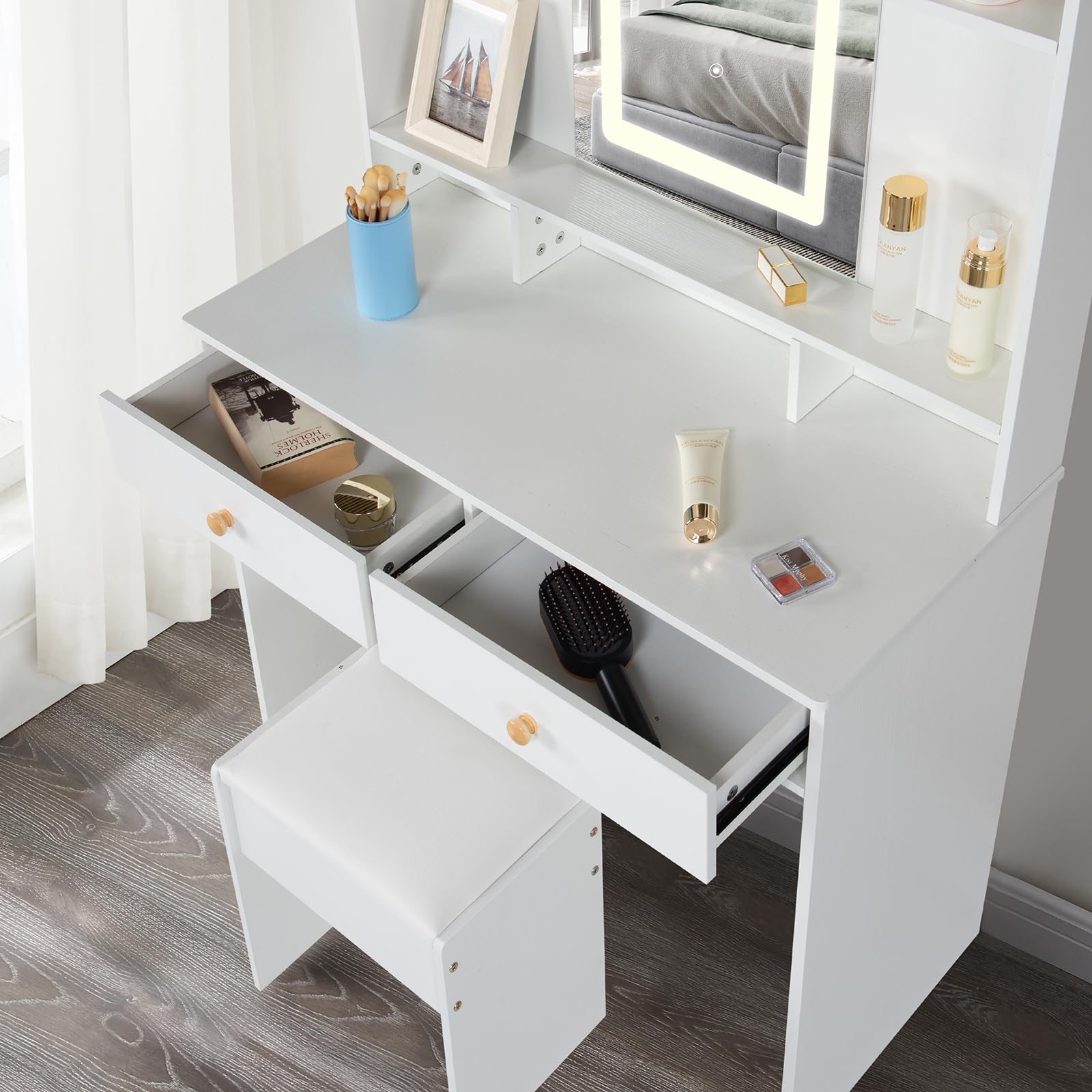 Jarbalai White Makeup Vanity with Mirror and Lights, Large Vanity Set with Cushioned Stool and Drawers, Modern Dressing Table Vanity Desk for Bedroom