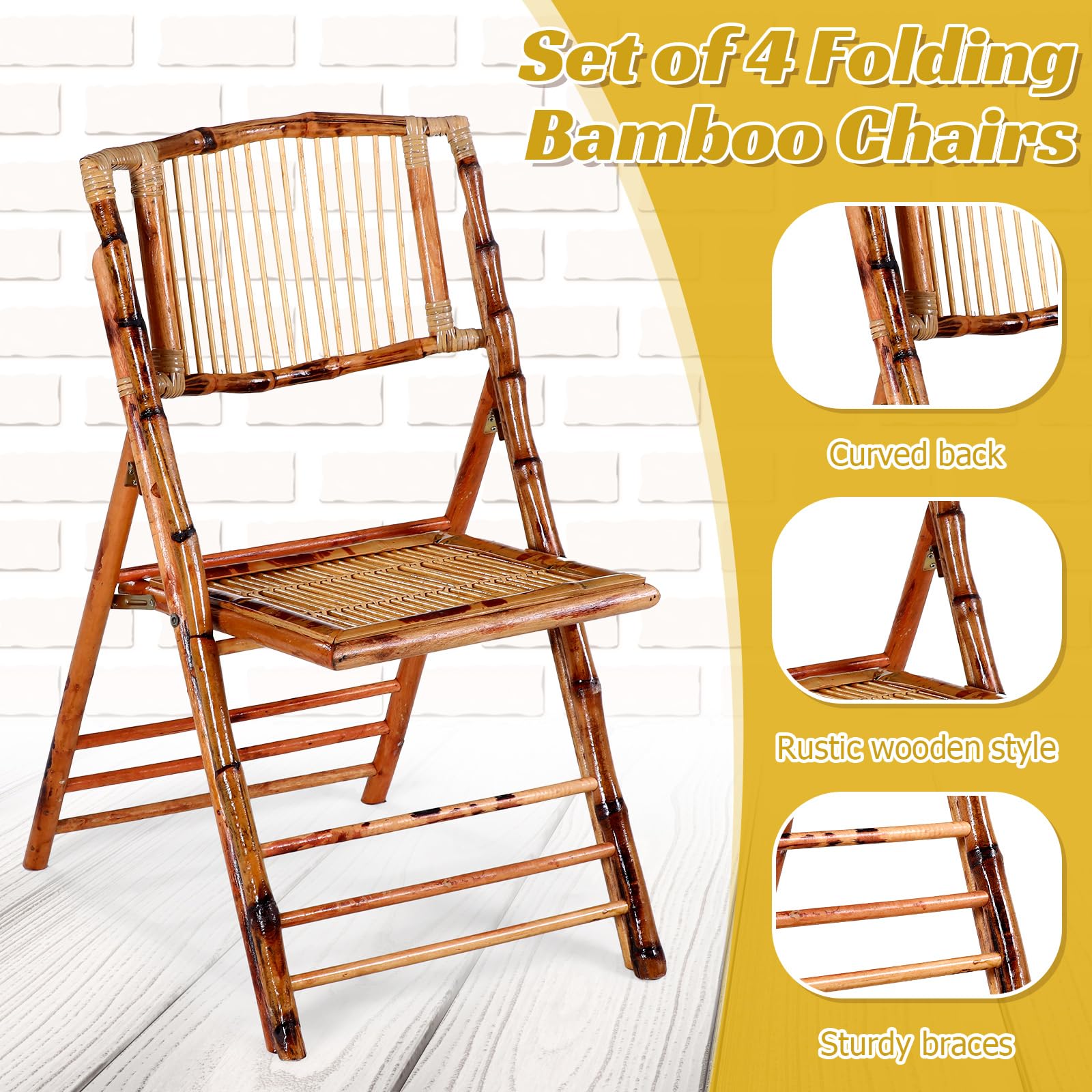 Tradder 4 Pack Bamboo Folding Chair Foldable Dining Chair Indoor Outdoor Wooden Seat Stackable Wood Rattan Commercial Chair Set for Patio, Wedding, Party, Dining, Event, Birthday, Kitchen, Garden