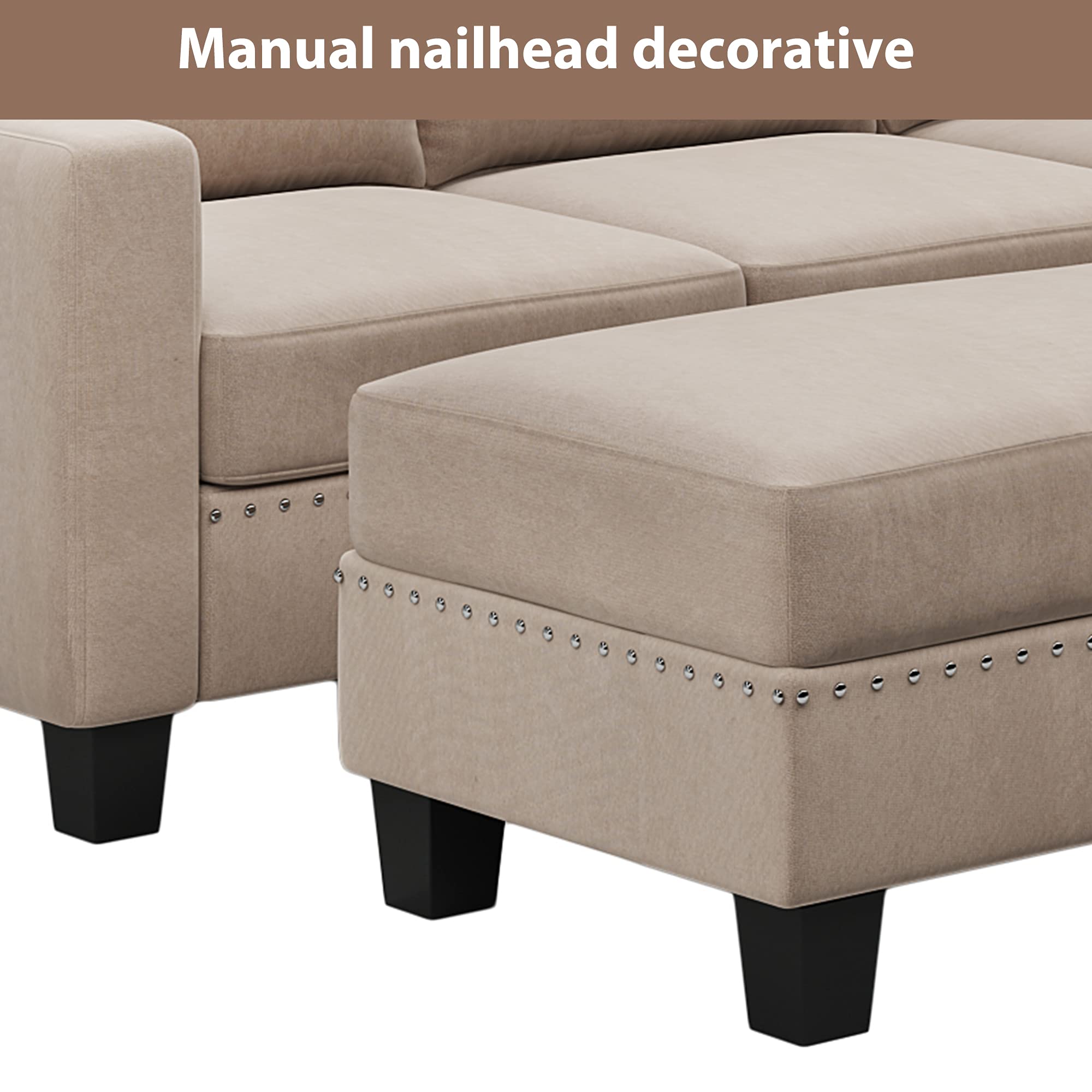 Lepfun 81" Reversible Couch with Storage Ottoman L-Shaped, Sectional Chaise,Nailheaded Textured Fabric 3 Pieces Sofa Set, Ideal for Living Room or Bedroom, Warm Grey