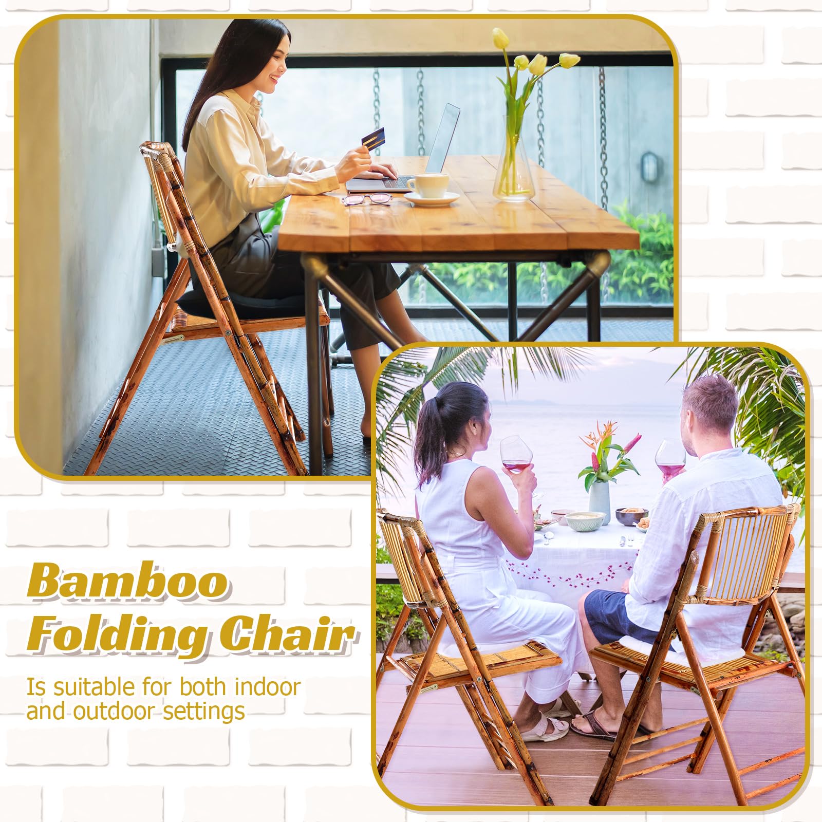 Tradder 4 Pack Bamboo Folding Chair Foldable Dining Chair Indoor Outdoor Wooden Seat Stackable Wood Rattan Commercial Chair Set for Patio, Wedding, Party, Dining, Event, Birthday, Kitchen, Garden