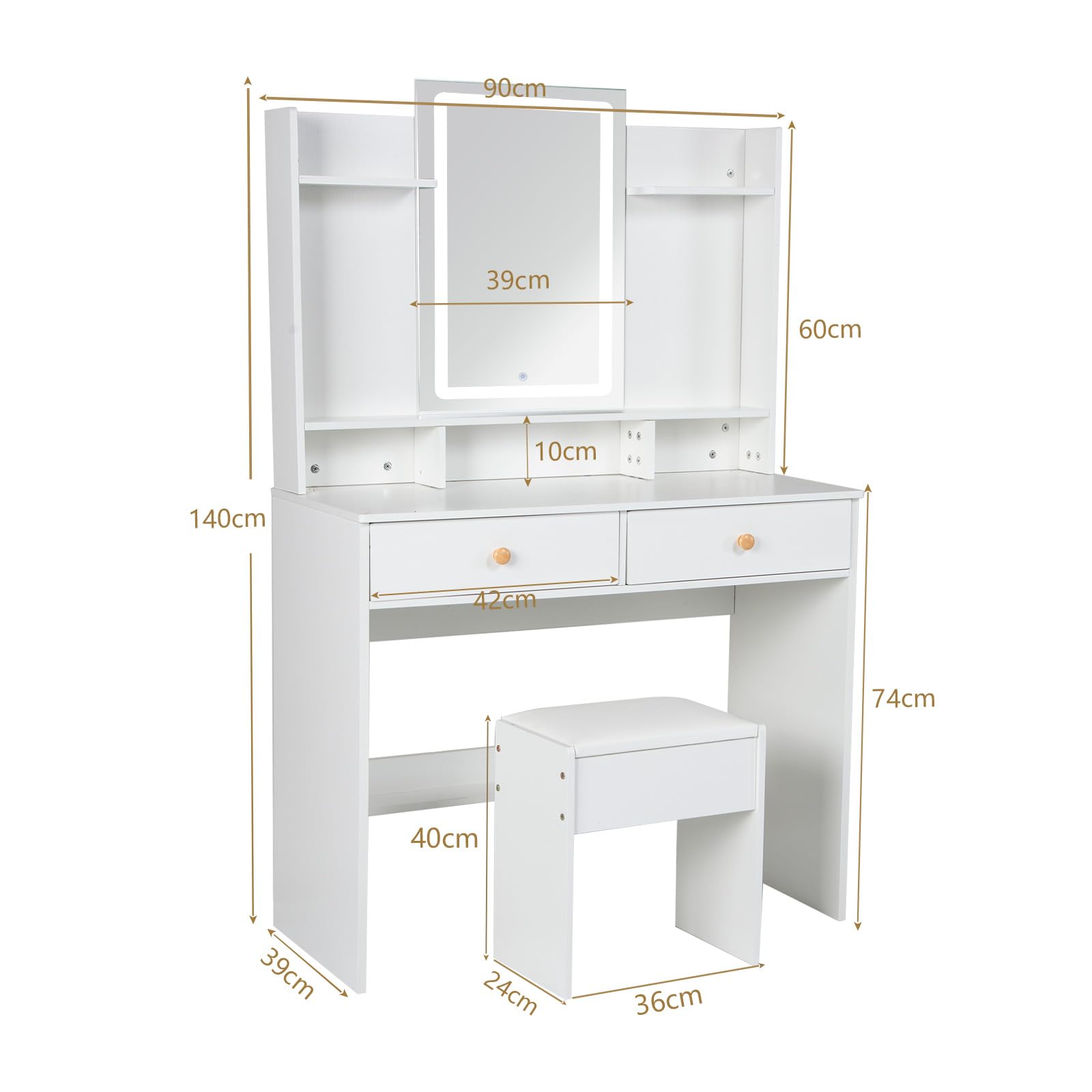 Jarbalai White Makeup Vanity with Mirror and Lights, Large Vanity Set with Cushioned Stool and Drawers, Modern Dressing Table Vanity Desk for Bedroom