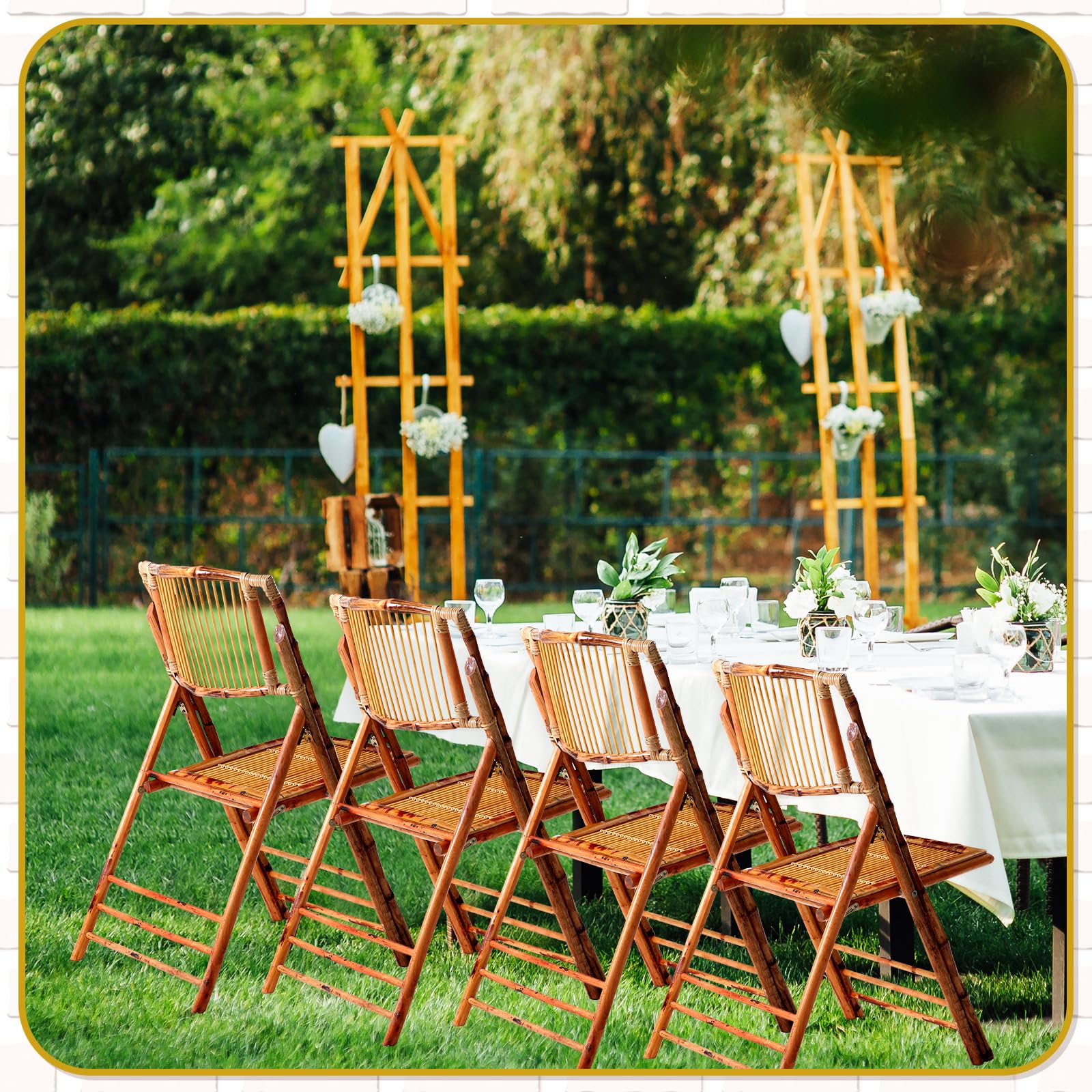 Tradder 4 Pack Bamboo Folding Chair Foldable Dining Chair Indoor Outdoor Wooden Seat Stackable Wood Rattan Commercial Chair Set for Patio, Wedding, Party, Dining, Event, Birthday, Kitchen, Garden