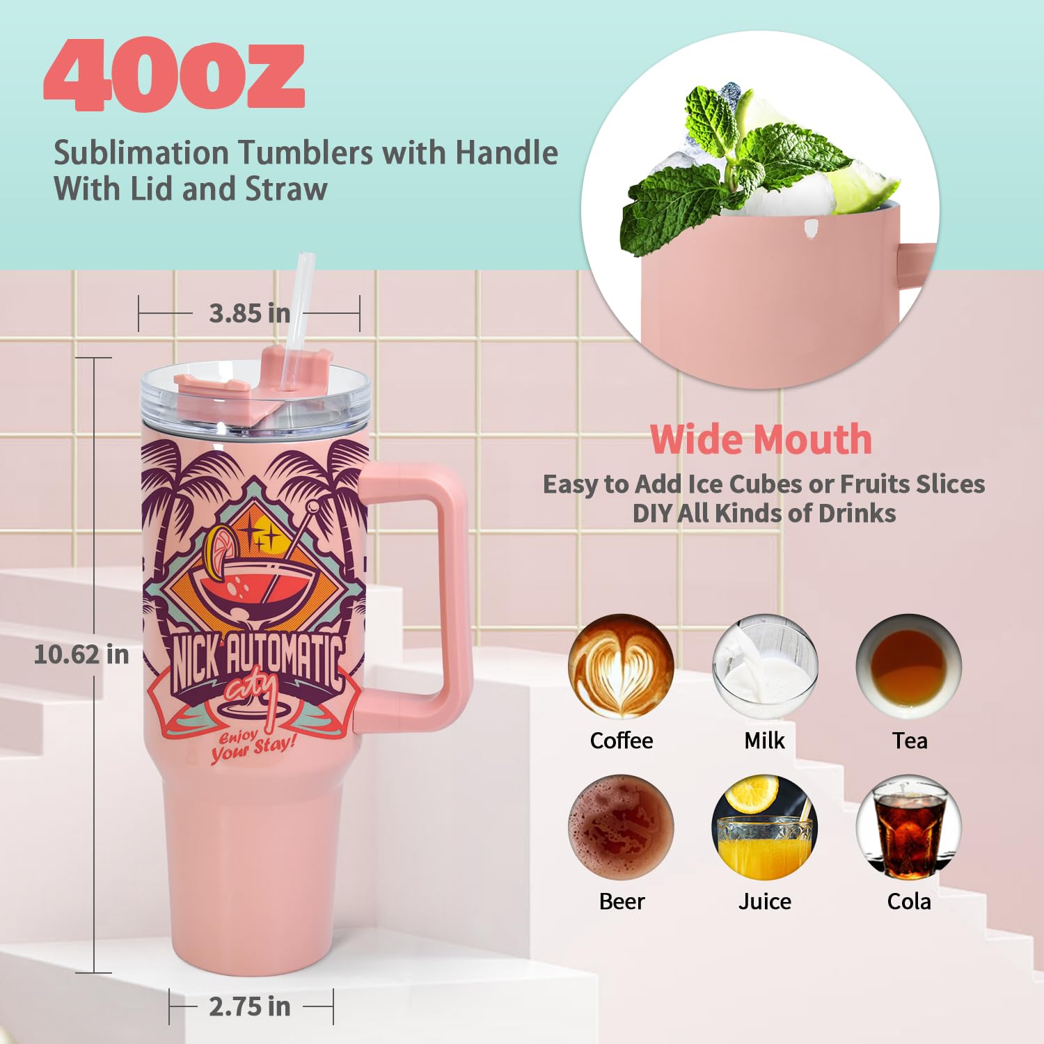 FECBK 40 oz Sublimation Tumbler with Handle 2 Pack Sublimation Tumblers Blanks with Straw and Lid Stainless Steel Insulated Travel Mug Cups for Keep Hot/Cold Hours, DIY Gift(Macaron-Pink)