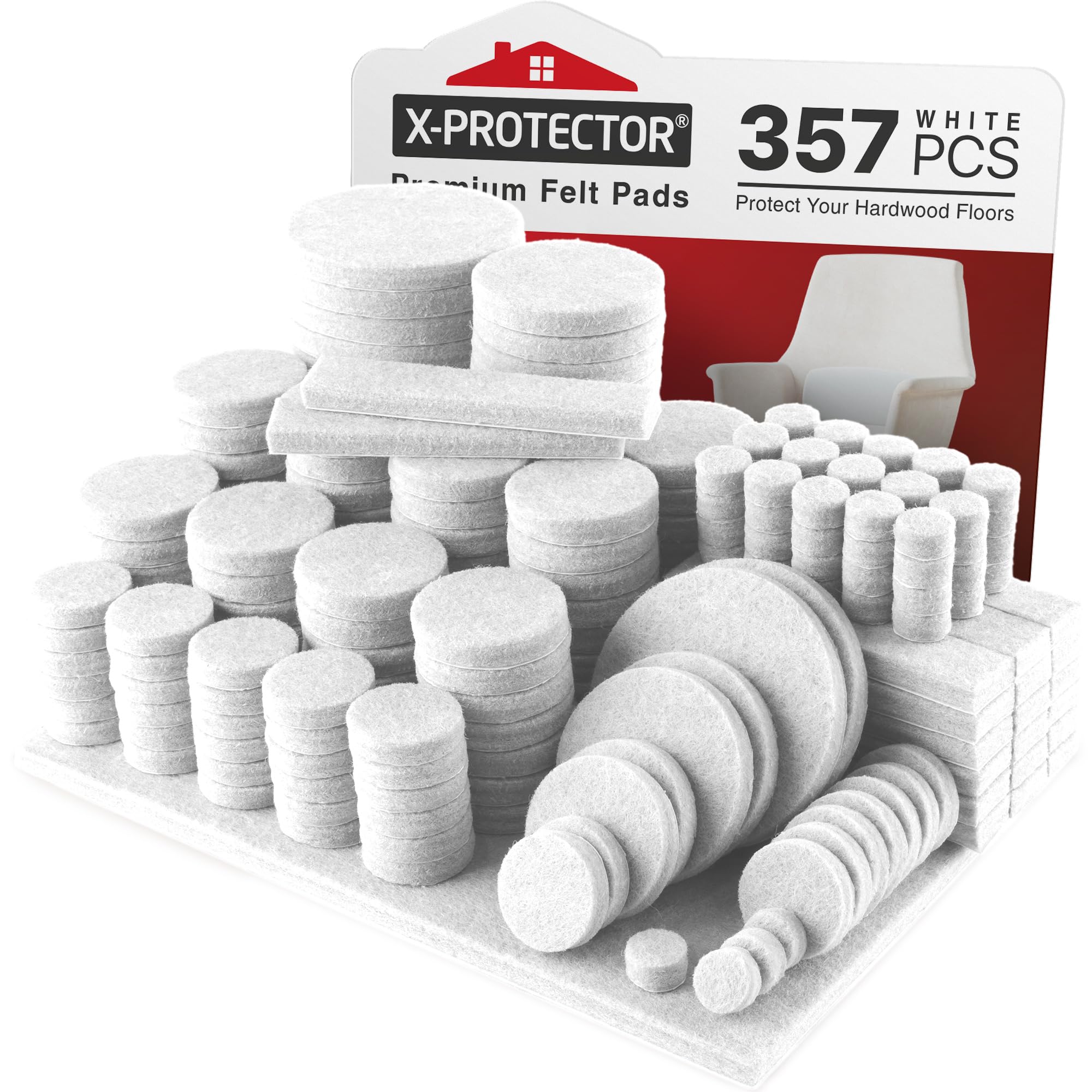 357 pcs White Felt Furniture Pads X-Protector! Huge Quantity of Furniture Pads for Hardwood Floors with Many Big Sizes – Your Ideal Wood Floor Protectors for Furniture. Protect Any Type of Hard Floor!
