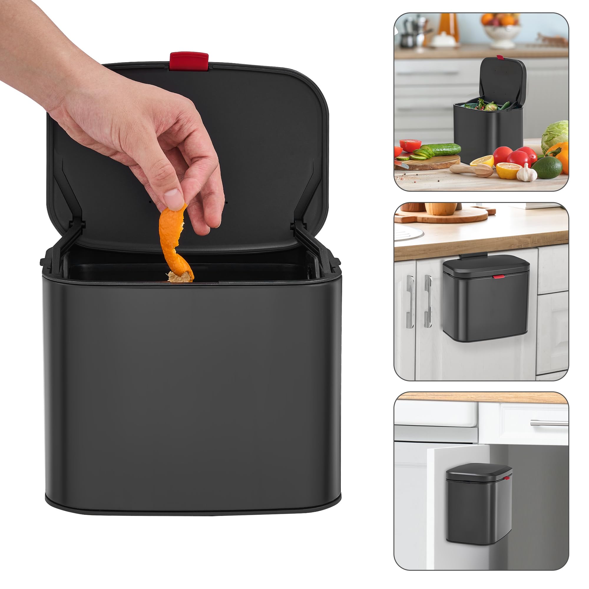 Nunsino Hanging Kitchen Compost Bin 4 Liter / 1.05 Gallon Includes 30 Compostable Bags, Trash Can with Removable Inner Bucket, Stainless Steel, Airtight Lid, Black (N01TC004BB)