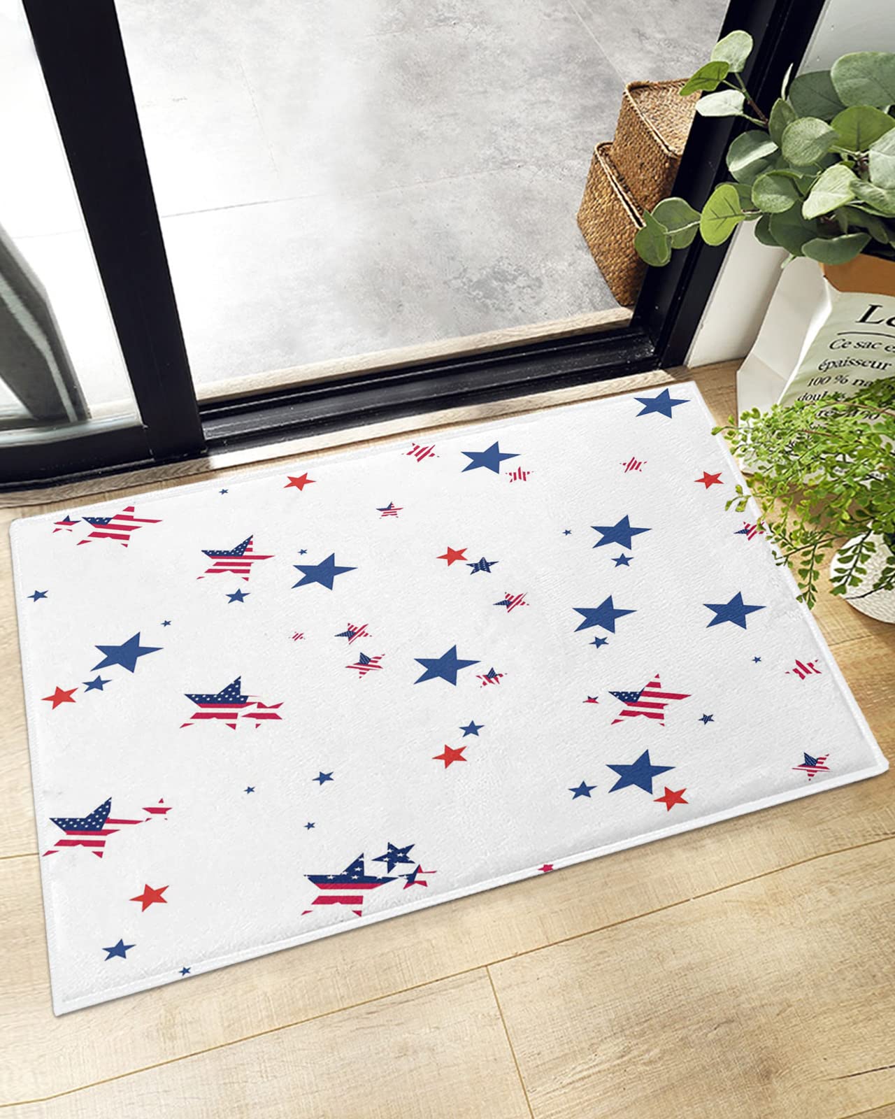 Indoor Doormat Independence Day Red Star USA Flag Patriotic,Shaggy Floor Mat with Non-Skid Backing 4th of July American Flags Stars,Machine Washable Plush Area Rug Carpets for Kitchen Nursery16 x24