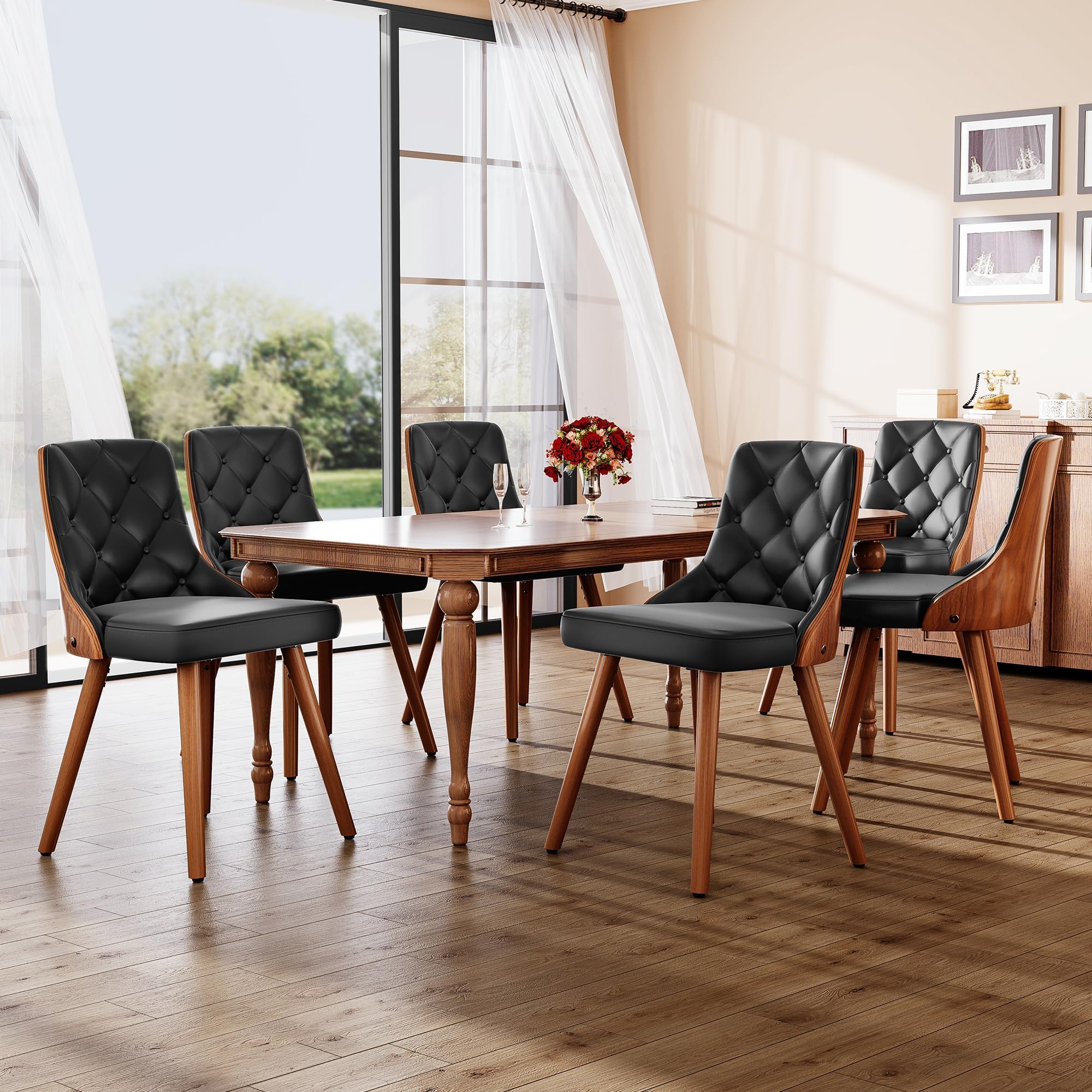 Aowos Dining Chairs Set of 2, Mid Century Modern PU Leather Upholstered Kitchen Chairs with Walnut Back and Iron Legs, Comfortable Seating for Kitchen, Dining Room, Bar Counter, Living Room (Black)