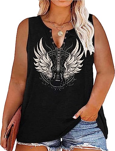 Guitar Wings Tank Tops for Women Retro Country Music Shirt Rock Guitar Graphic Tees Casual V Neck Sleeveless Vest Cami (XL, Plus Size Black)