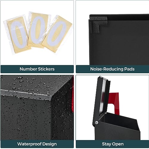 Nunsino Wall-Mounted Mailbox with Flag Kit and 3 Sets of Number Stickers, Metal Post Box, Rust-Resistant for Outside Use,15.24” L x 4.72”W x 10.43”H, Black