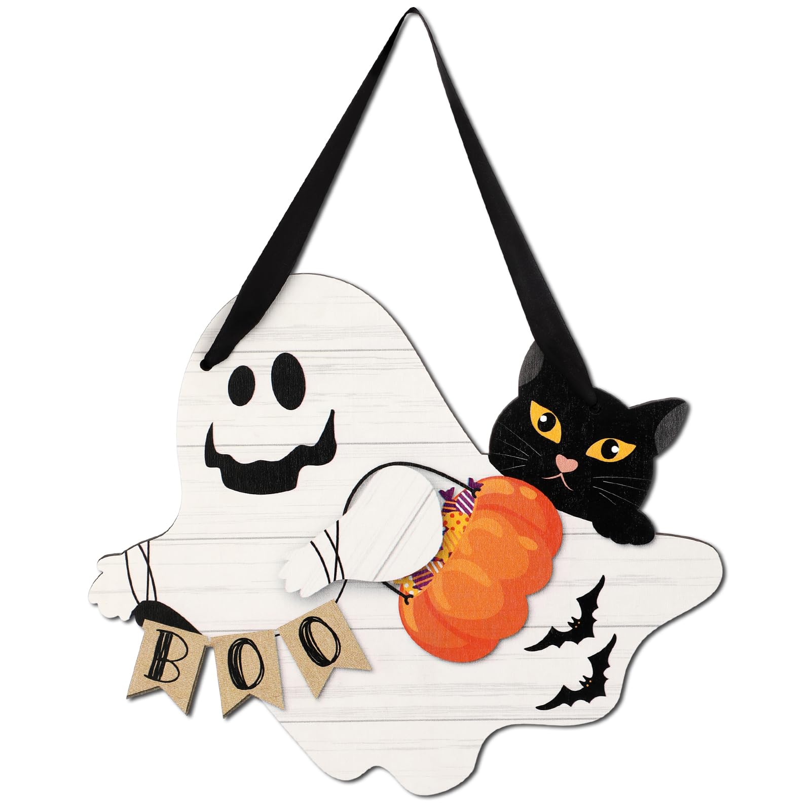 Amyhill Halloween Boo Decorations Wooden Ghost Hanging Sign 3D Black Cat Front Door Hanger Halloween Wreaths Spooky Welcome Sign for Halloween Indoor Outdoor Wall Home Porch Party Haunted House