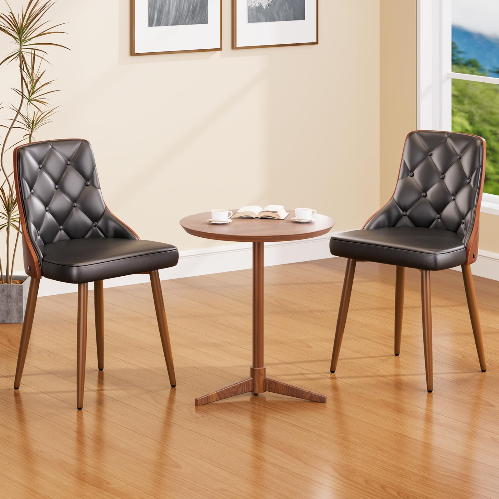 Aowos Dining Chairs Set of 2, Mid Century Modern PU Leather Upholstered Kitchen Chairs with Walnut Back and Iron Legs, Comfortable Seating for Kitchen, Dining Room, Bar Counter, Living Room (Black)