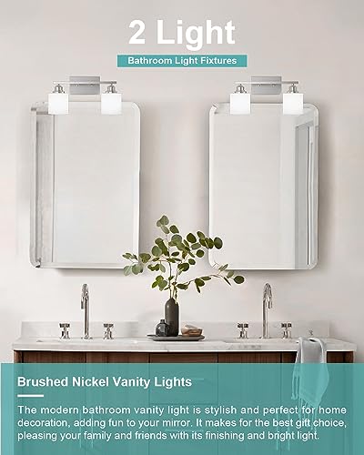 Sailstar 2-Light Bathroom Light Fixtures Over Mirror, Brushed Nickel Vanity Lights, Modern Bathroom Vanity Light, Glass Shade & Anti-Rust Nickel Finished, Bathroom Light for Small Space