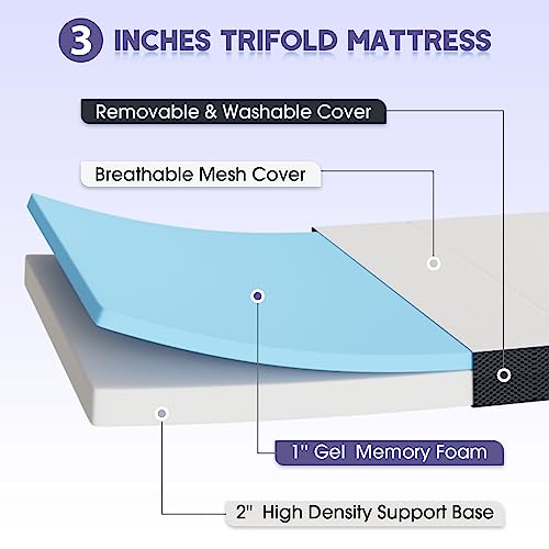 3 inch Memory Foam Tri Folding Mattress/Portable Foldable Mattress Topper with Washable Cover Non-Slip Bottom for Camping, Guest, Floor RV, CertiPUR-US Certified,Small Twin