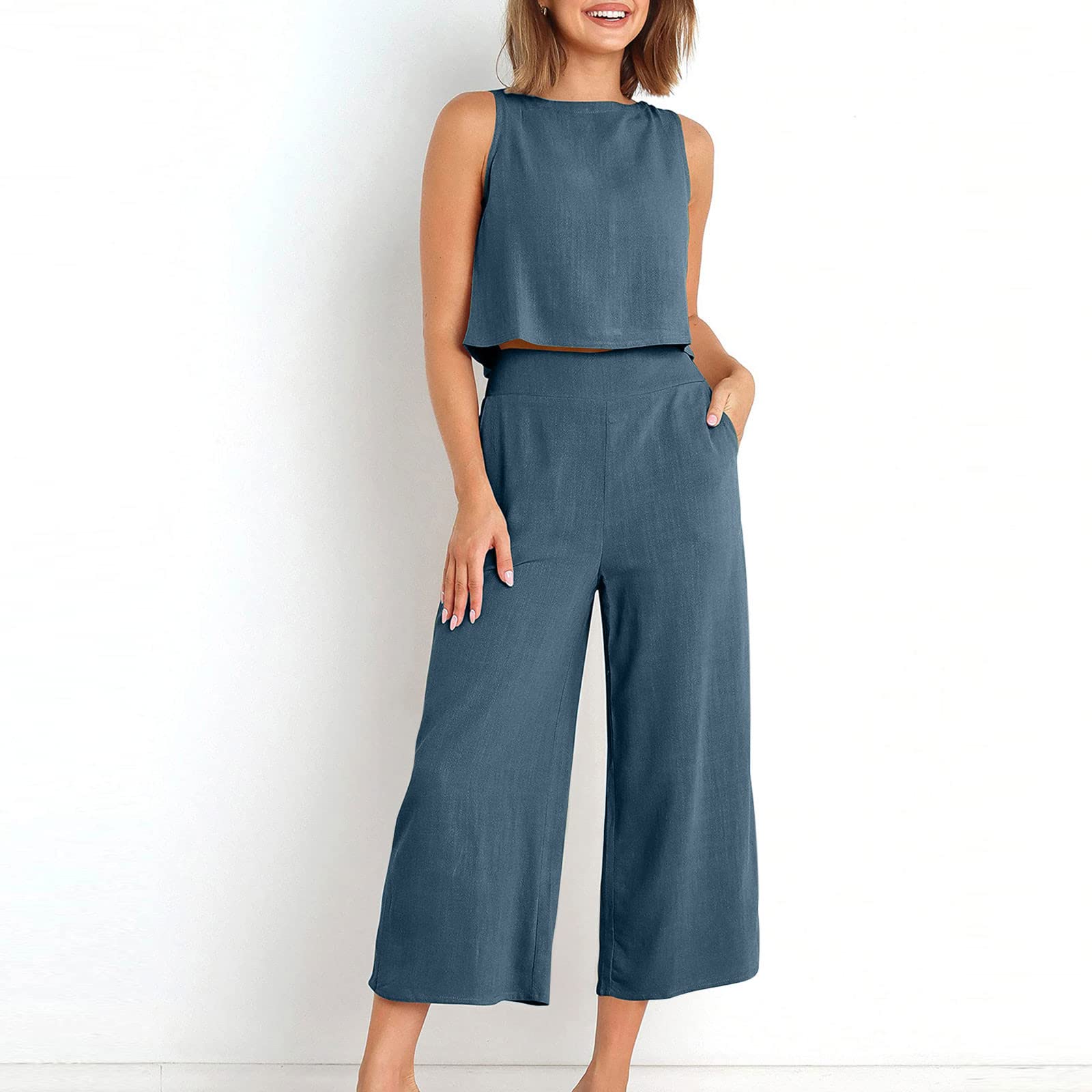Two Piece Outfits for Women Summer 2025 Plus Size Sleeveless Outfit Casual Wide Leg Pants Set with Pockets Sets