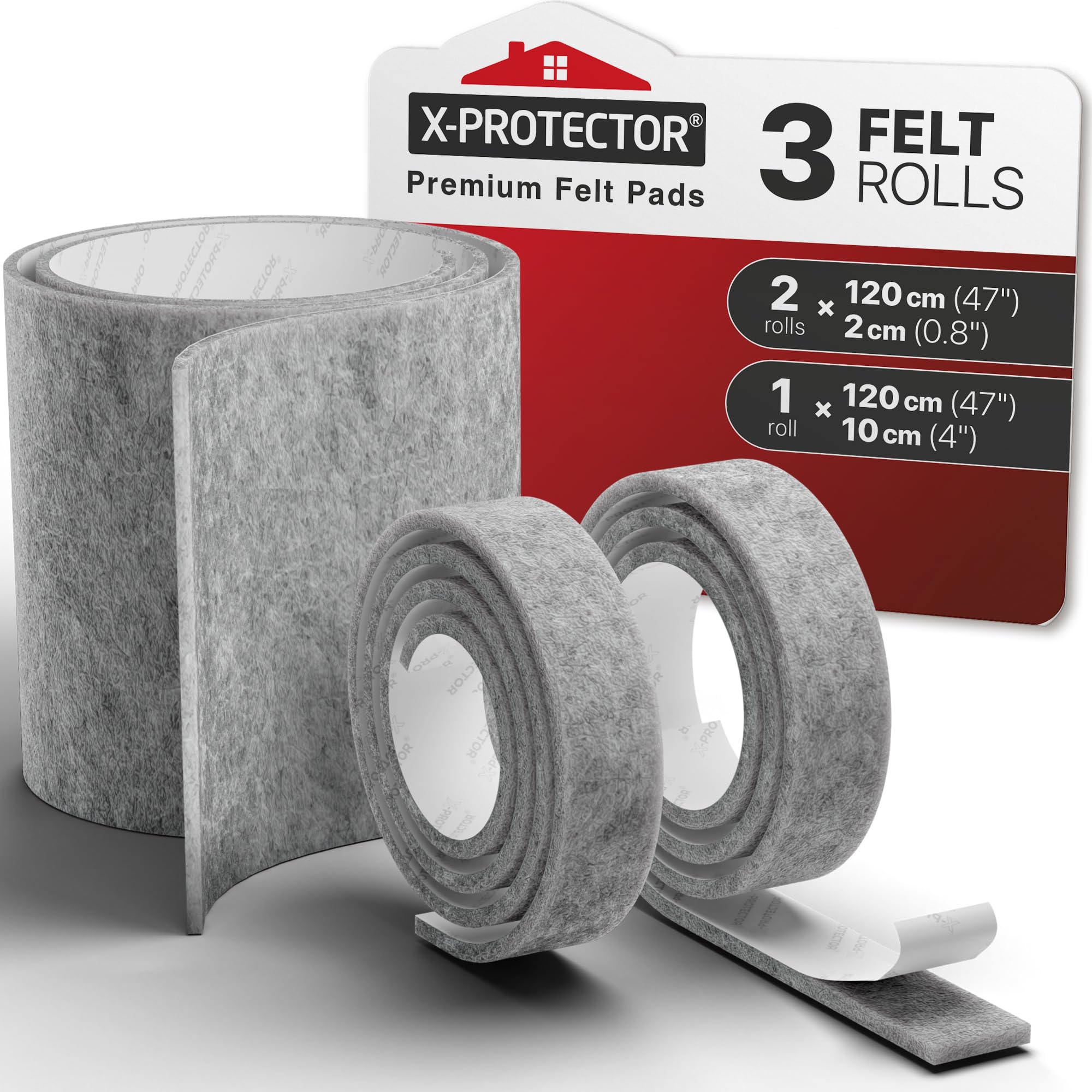 X-Protector Felt Furniture Pads 3 PCS - (1) 47" x 4" + (2) 47" х 0.8" - Grey Felt Tape - Multi-Purpose Felt Strips with Adhesive Backing - Premium Felt Roll - Sticky Felt for Surface Protection & DIY