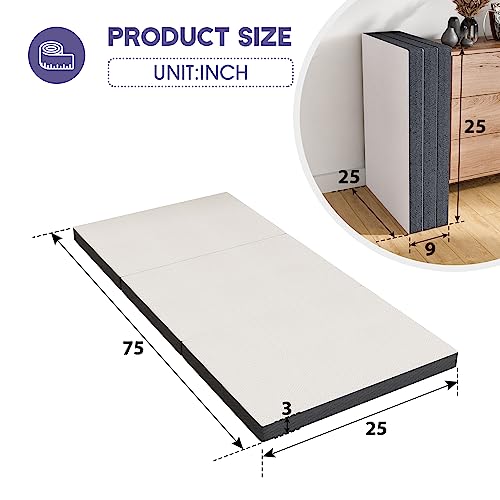 3 inch Memory Foam Tri Folding Mattress/Portable Foldable Mattress Topper with Washable Cover Non-Slip Bottom for Camping, Guest, Floor RV, CertiPUR-US Certified,Small Twin