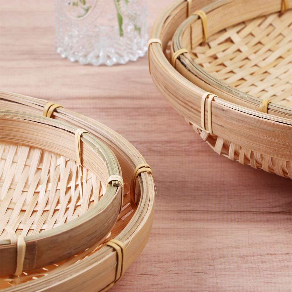 Vctitil 5.1inch/5.9inch Bamboo Basket Tray Fruit Holder Handmade Round Flat Basket Woven Round Dustpan Decor Ornaments Kitchen Storage(15cm)