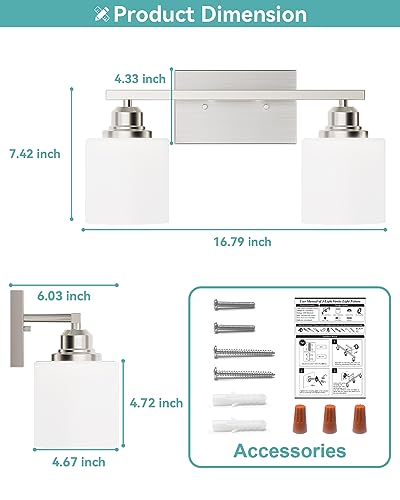 Sailstar 2-Light Bathroom Light Fixtures Over Mirror, Brushed Nickel Vanity Lights, Modern Bathroom Vanity Light, Glass Shade & Anti-Rust Nickel Finished, Bathroom Light for Small Space