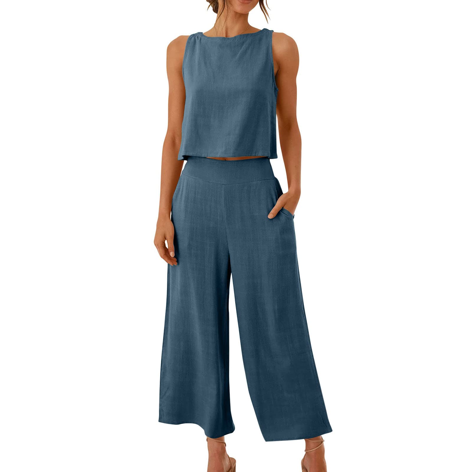 Two Piece Outfits for Women Summer 2025 Plus Size Sleeveless Outfit Casual Wide Leg Pants Set with Pockets Sets