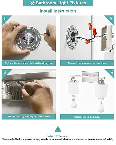 Sailstar 2-Light Bathroom Light Fixtures Over Mirror, Brushed Nickel Vanity Lights, Modern Bathroom Vanity Light, Glass Shade & Anti-Rust Nickel Finished, Bathroom Light for Small Space