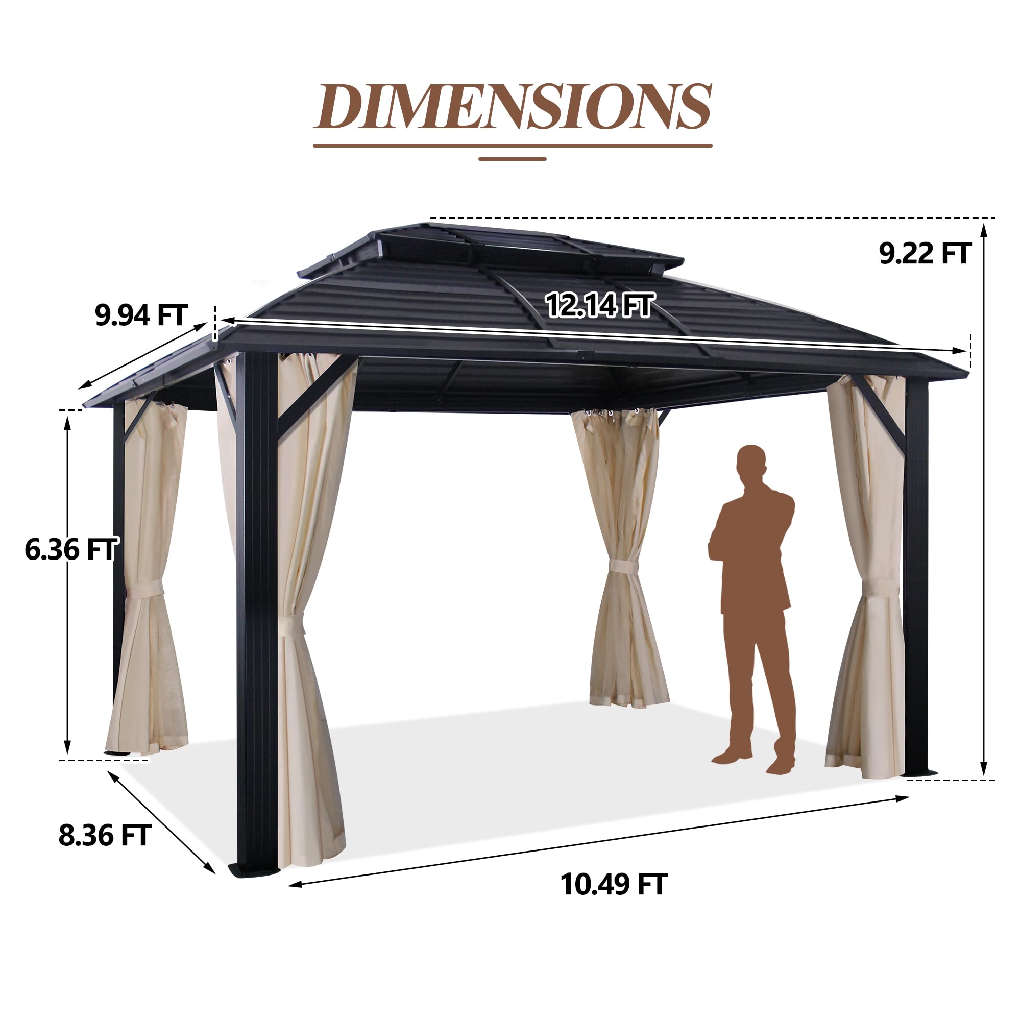 GARTOO 10x12FT Outdoor Galvanized Steel Hardtop Gazebo - Dome Canopy Gazebo with Breathable Mesh Screen & Private Curtains for Gaeden, Poolside, Deck, Backyard