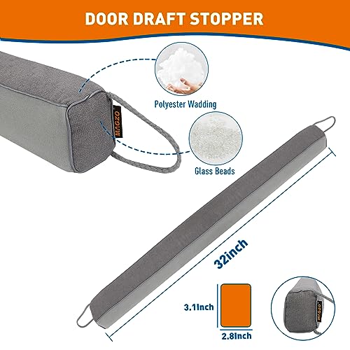 MAGZO Door Draft Stopper 32 Inches, Weighted Rectangle Door Snake for Winter Noise Blocker with Hook Loops,Gray