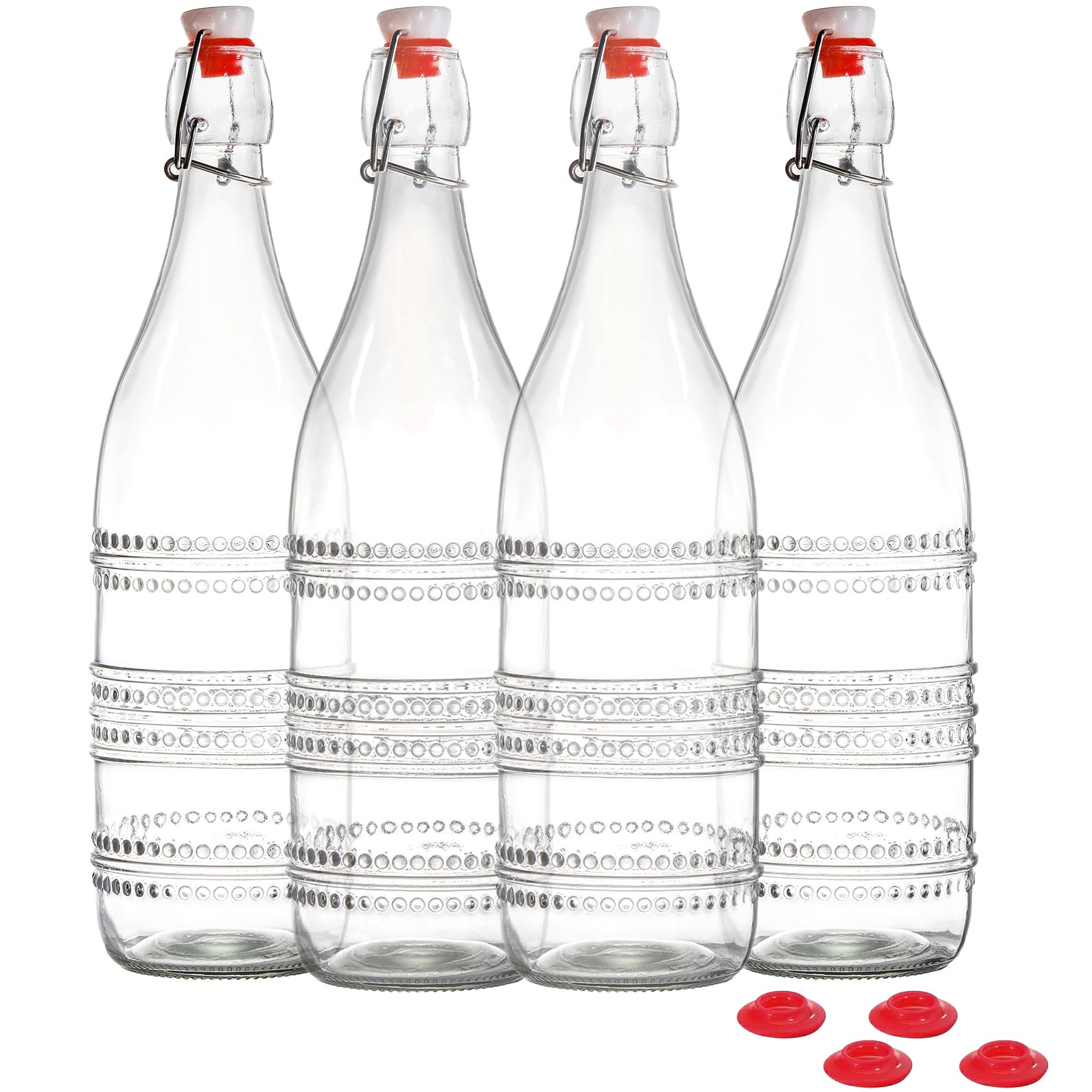 Nicunom 4 Pack Swing Top Glass Bottles 32 Oz, Clear Glass Brewing Bottle Flip Top Glass Bottle Airtight Glass Beer Bottles for Kombucha, Beverages, Wine, Juice, Oil, Vinegar, Water, Soda, Kefir