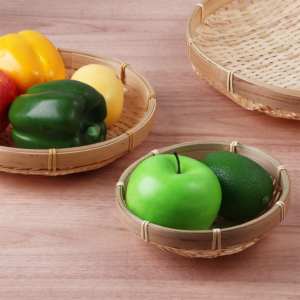 Vctitil 5.1inch/5.9inch Bamboo Basket Tray Fruit Holder Handmade Round Flat Basket Woven Round Dustpan Decor Ornaments Kitchen Storage(15cm)