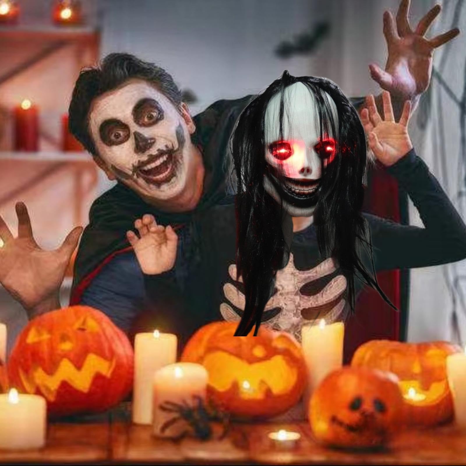 Halloween Mask Ghost face Scary with Hair LED Light up Zombie Horror Full Head Masque Decorations Costume Creepy Cosplay Prop