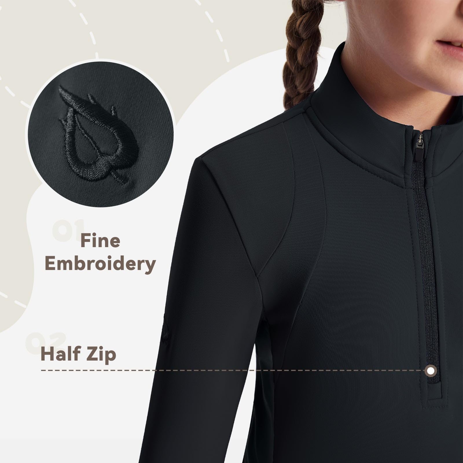 baleaf Girls Fleece Long Sleeve Shirts, Fall Jacket Half Zip Water Resistant Pullover Outdoor Camping Coat Kids Black M