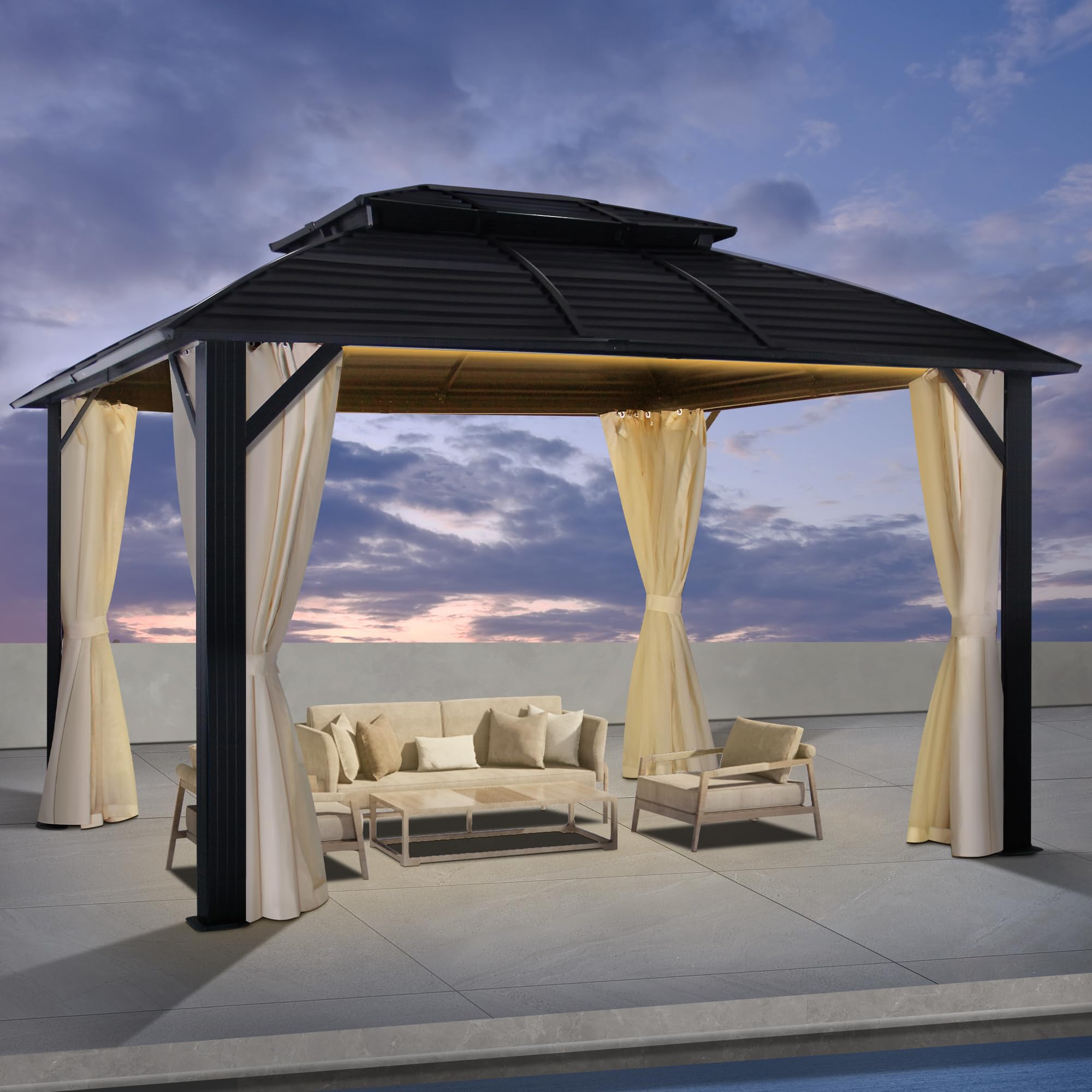 GARTOO 10x12FT Outdoor Galvanized Steel Hardtop Gazebo - Dome Canopy Gazebo with Breathable Mesh Screen & Private Curtains for Gaeden, Poolside, Deck, Backyard