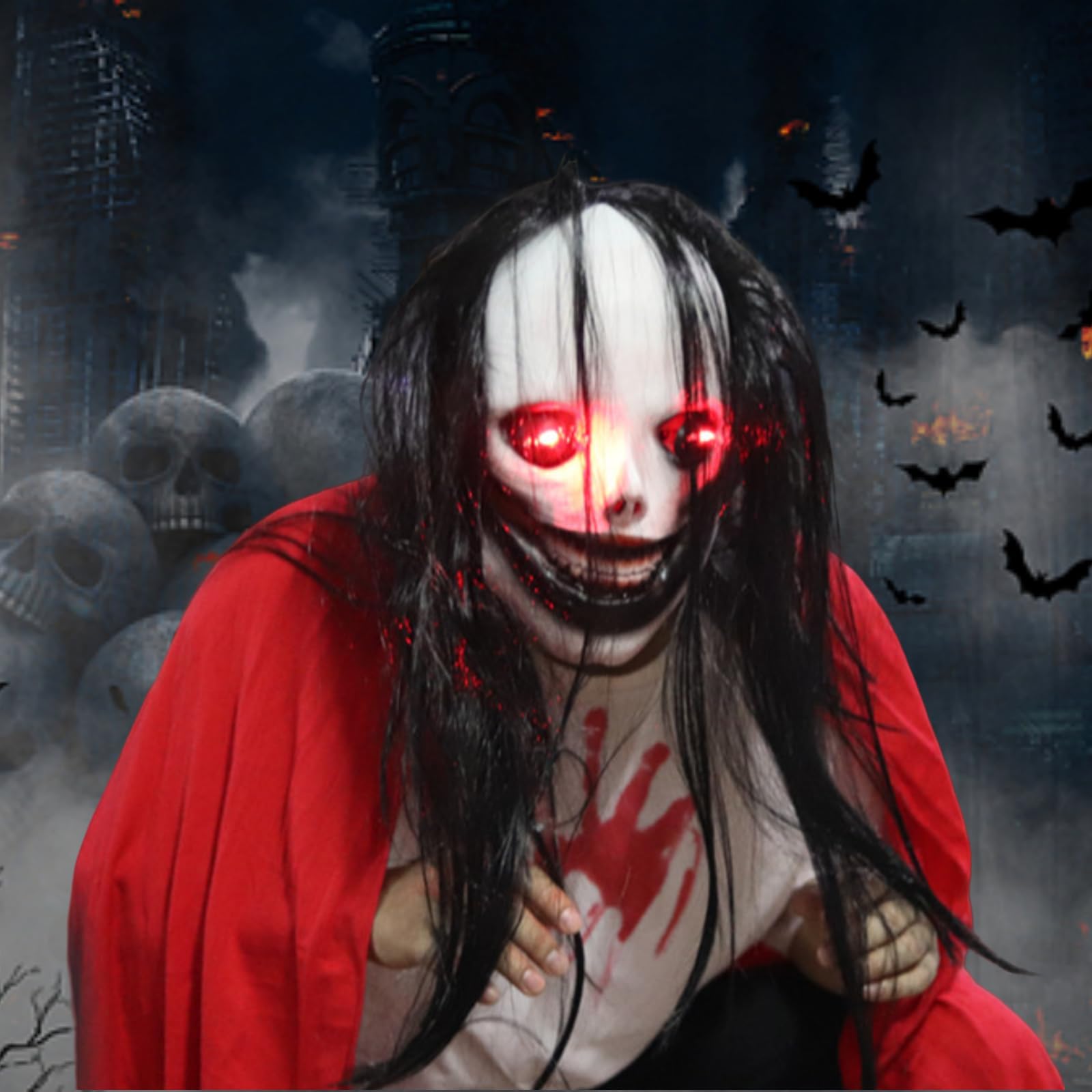 Halloween Mask Ghost face Scary with Hair LED Light up Zombie Horror Full Head Masque Decorations Costume Creepy Cosplay Prop