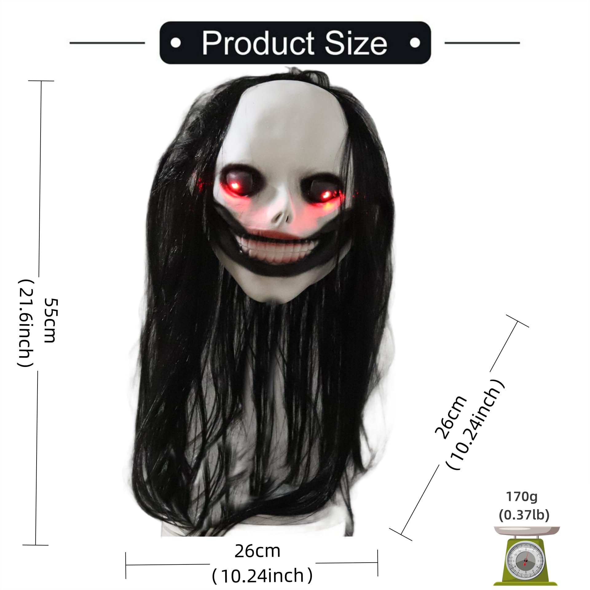 Halloween Mask Ghost face Scary with Hair LED Light up Zombie Horror Full Head Masque Decorations Costume Creepy Cosplay Prop