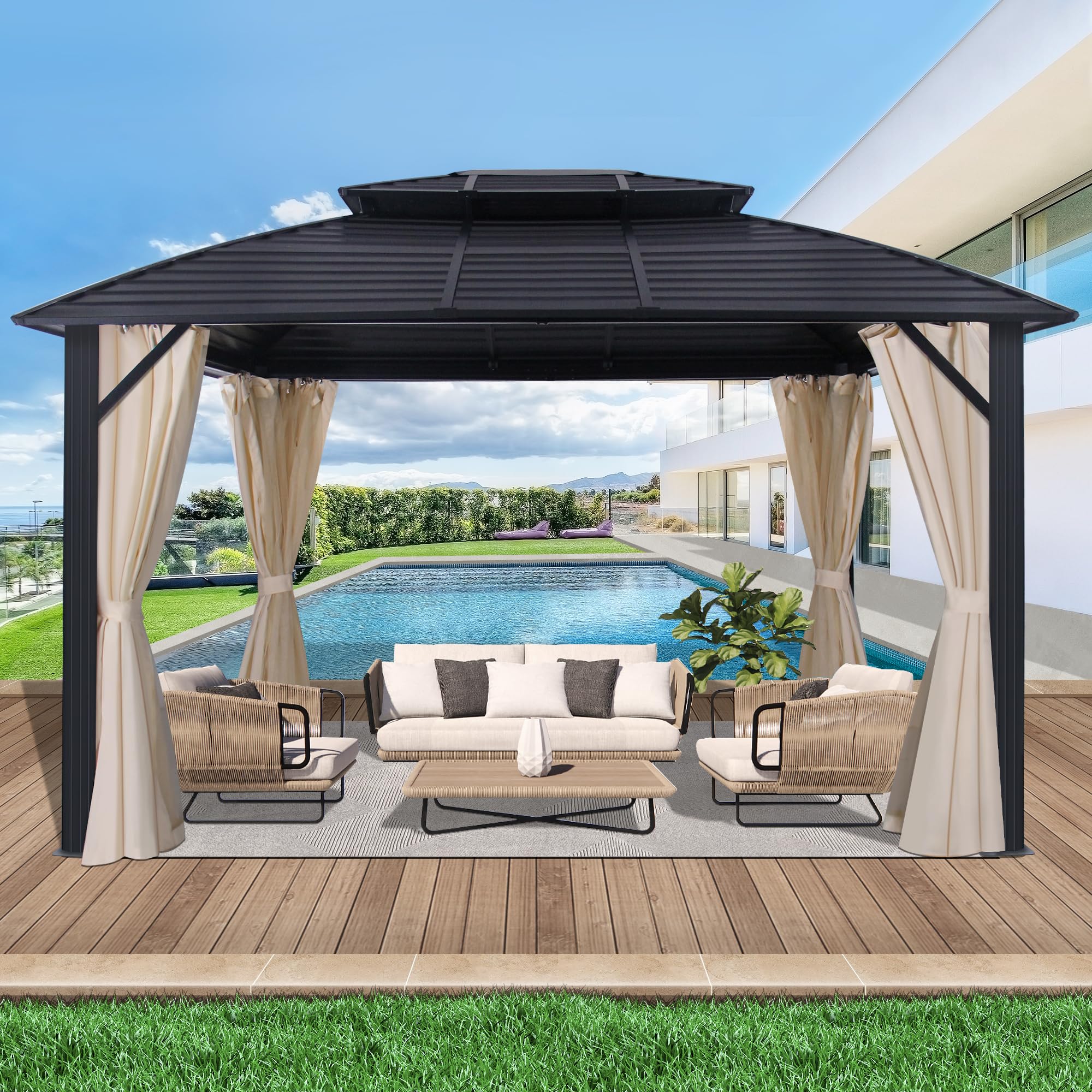 GARTOO 10x12FT Outdoor Galvanized Steel Hardtop Gazebo - Dome Canopy Gazebo with Breathable Mesh Screen & Private Curtains for Gaeden, Poolside, Deck, Backyard