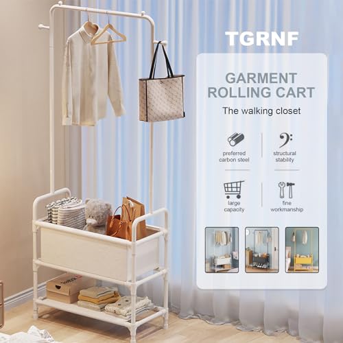TGRNF 3 Tier Laundry Free Standing Clothing Racks for Hanging Clothes Kids Wardrobe Rack Small Organizer Rolling with Shelves for a Tiny Room Heavy Duty on Wheels Garment Portable Closet white