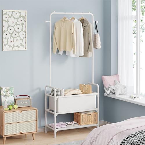 TGRNF 3 Tier Laundry Free Standing Clothing Racks for Hanging Clothes Kids Wardrobe Rack Small Organizer Rolling with Shelves for a Tiny Room Heavy Duty on Wheels Garment Portable Closet white