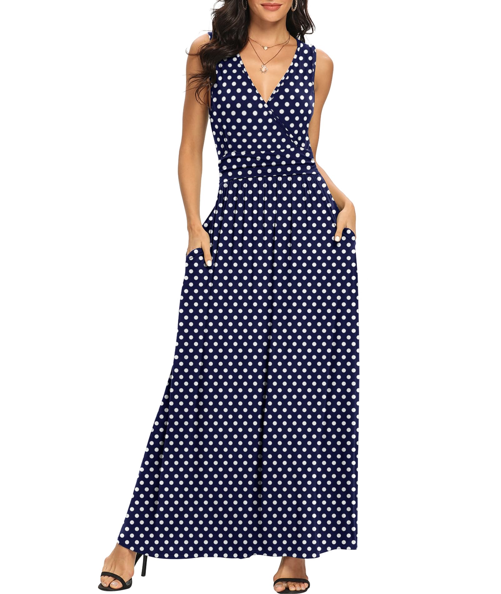 LILBETTER Women Sleeveless Deep V Neck Loose Plain Long Maxi Casual Dress(F Navy Blue Polka Dot,Large)