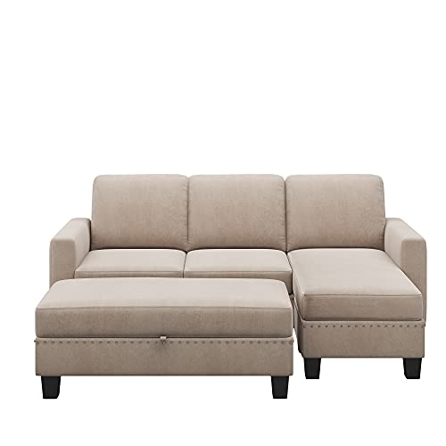 ERYE L-Shaped 3-Seaters Corner Sectional Sofa with Pull Out Sleeper Couch Bed and Reversible Storage Chaise for Home Office Apartment Living Room Furniture Sets Sofabed, Warm Grey