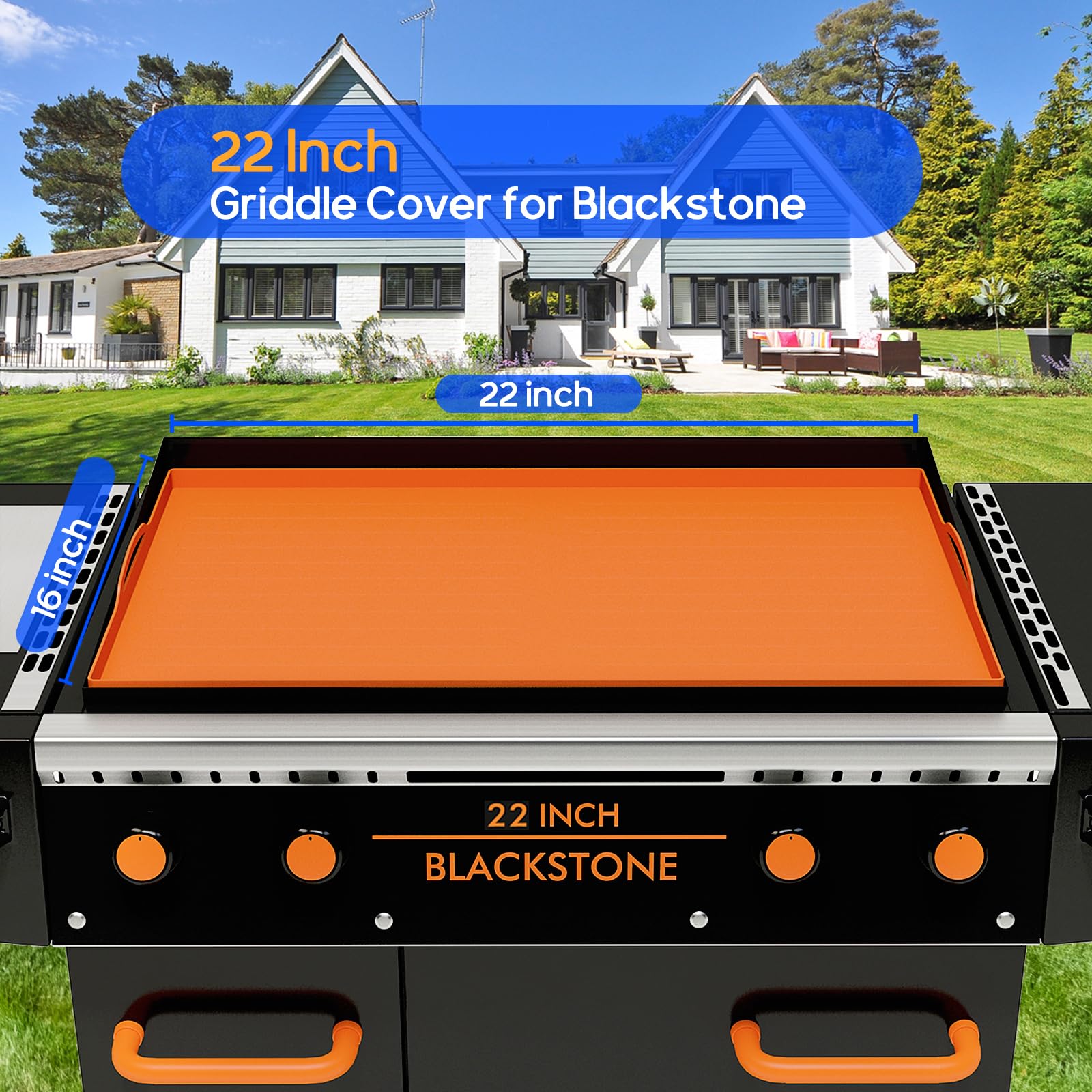 22 Inch Silicone Griddle Cover for Blackstone, Protective Cover with Handle for Outdoor Grilling,Waterproof and Heat Resistant, Easy to Clean and Store-Orange
