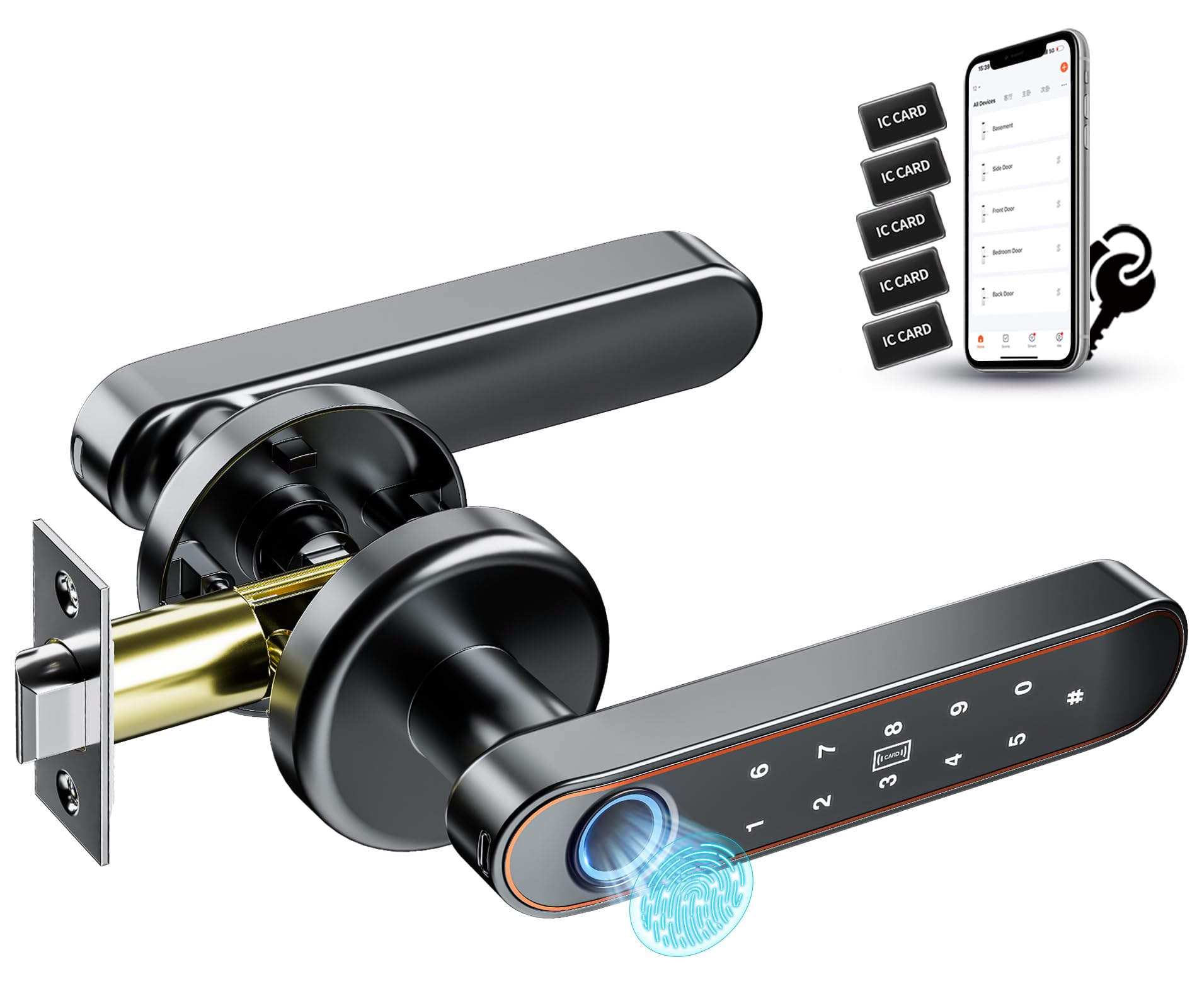 Pulido Fingerprint Door Knob, Full Function 5-in-1 Smart Door Knob, Fingerprint Door Lock for Bedroom, Office, Hotel, Pantry, Biometric Door Knob with 5 IC Cards, Waterproof