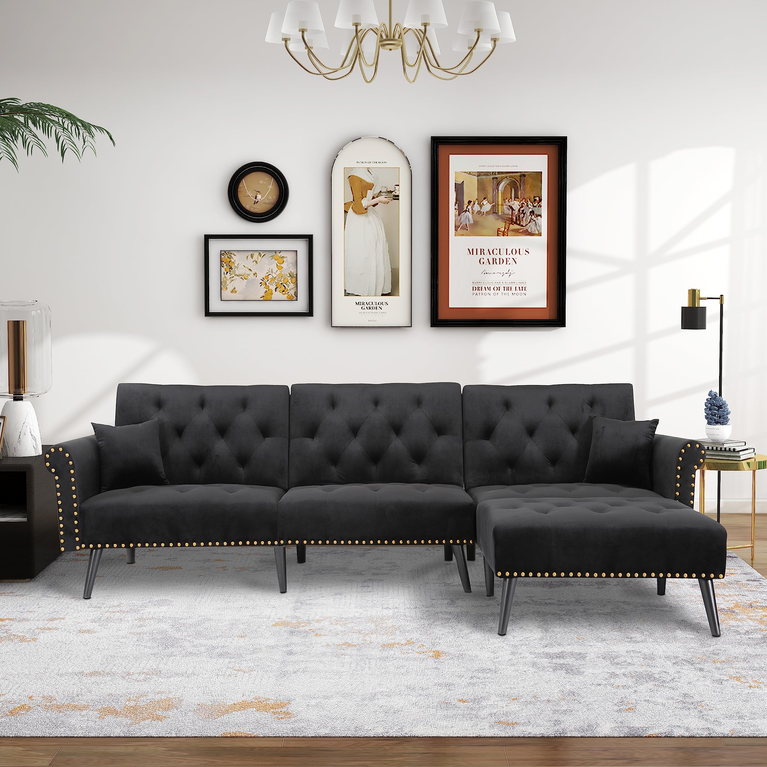 POCIYIHOME Sectional Sofa Right Hand Facing Velvet Button Tufted, L Shape Chaise with Nail Head Detail, Modern 4-Seater with Seat Cushion & Wood Leg, 2 Pillows, Couch for Living Room,Office, Black