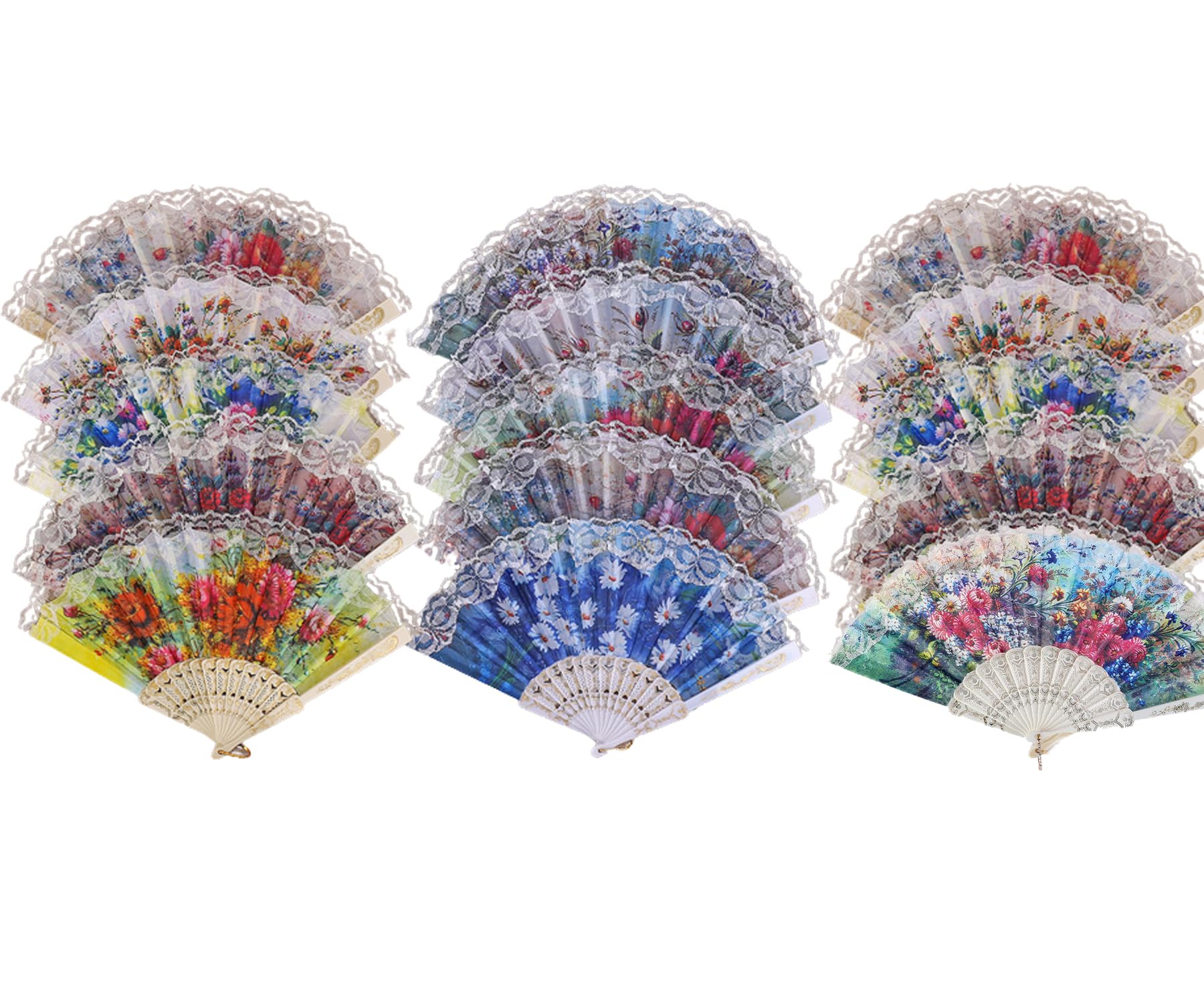 GIGGSKZE 12 Pieces Spanish Floral Folding Hand Fan Lace Fans Vintage Fans Handheld Fan, Random Color,White